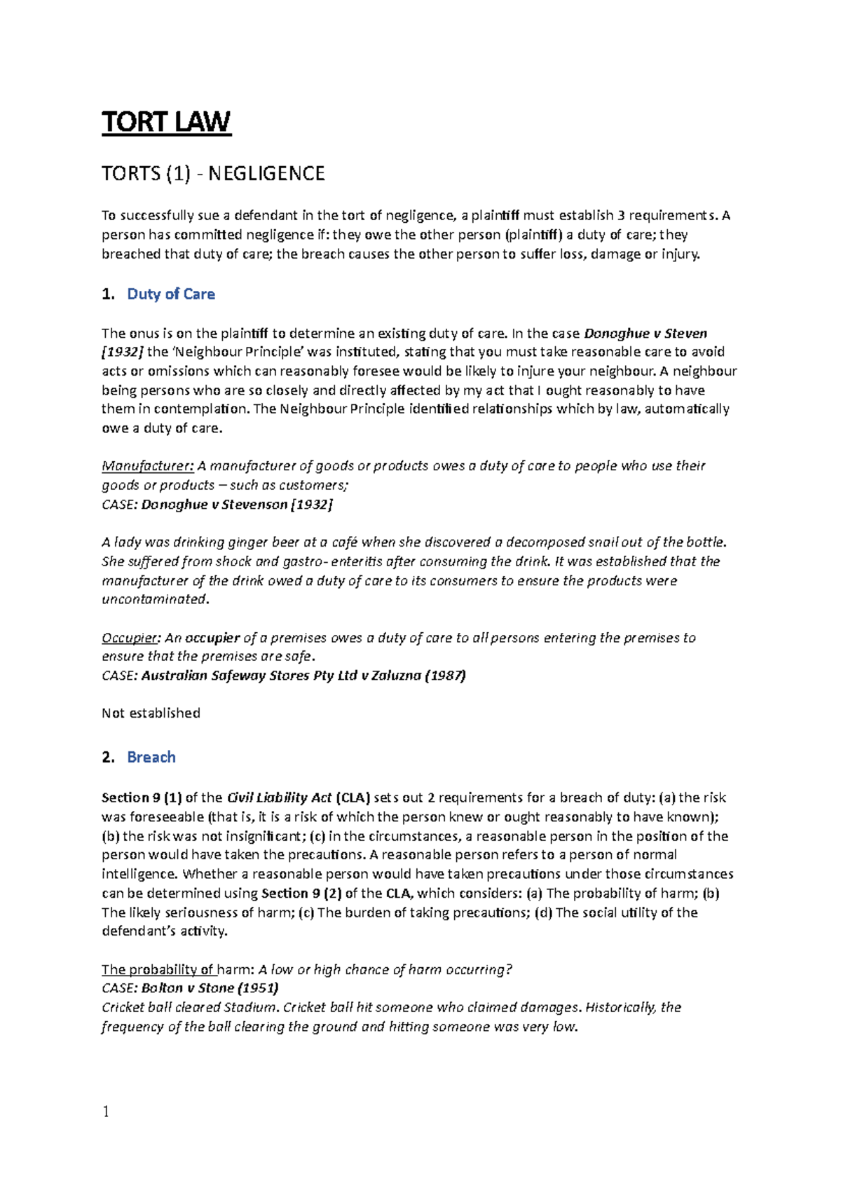 Exam, answers - TORT LAW TORTS (1) - NEGLIGENCE To successfully sue a ...