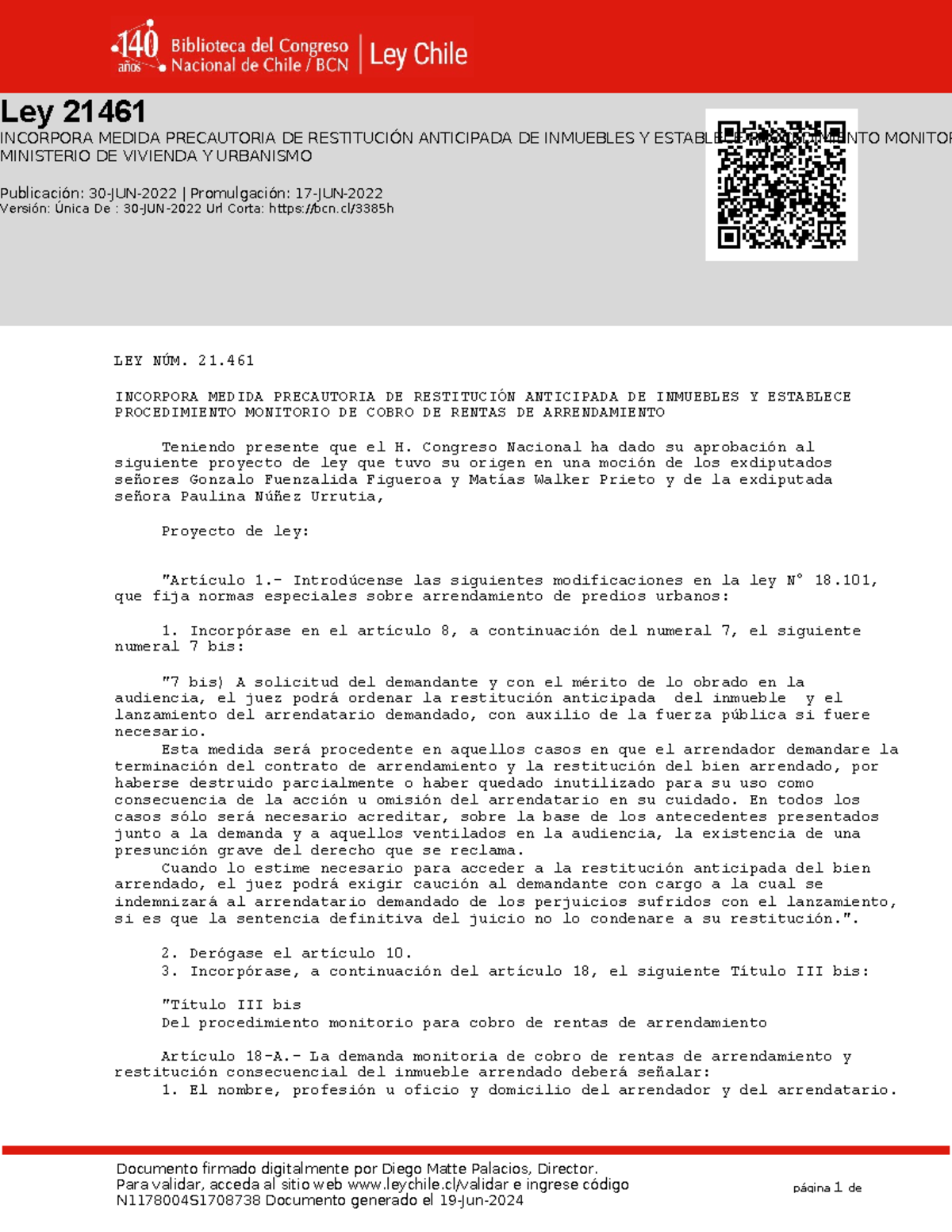 Ley-21461 30-JUN-2022 - Documento firmado digitalmente por Diego Matte ...