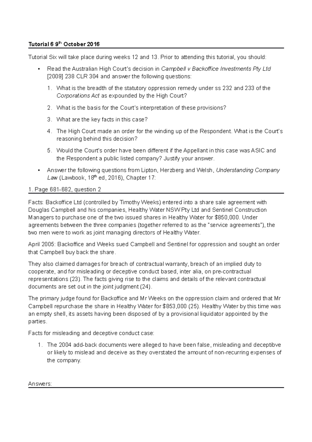 Tutorial 6 - Tutorial 6 9th October 2016 Tutorial Six will take place ...