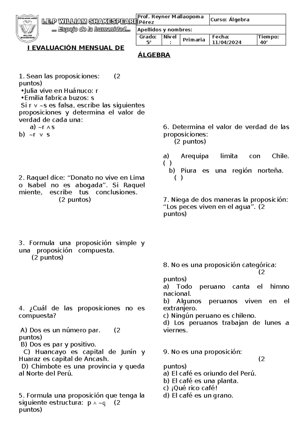 I EX MEN ALG 5P - matematica - I EVALUACIÓN MENSUAL DE ÁLGEBRA 1. Sean ...