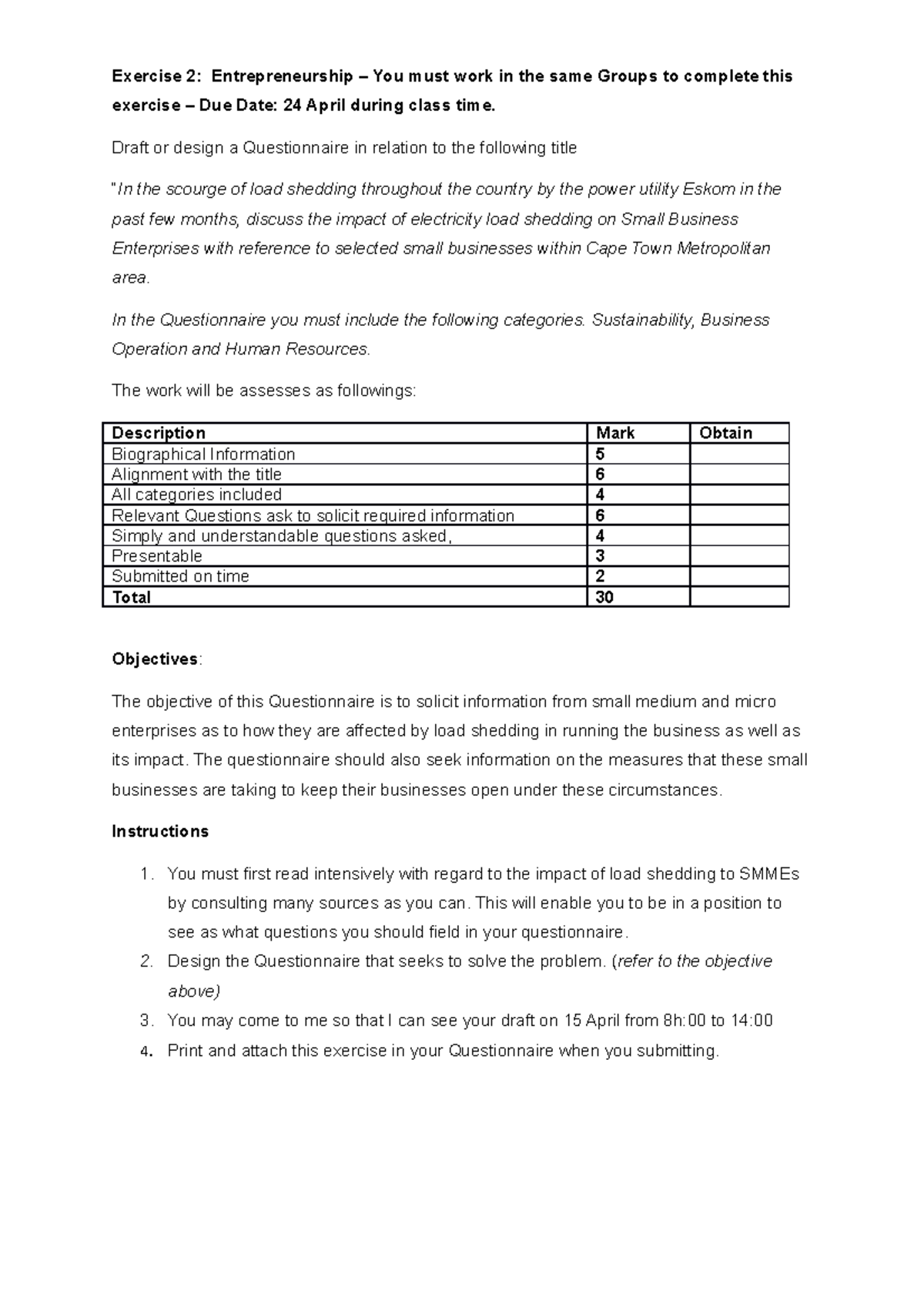 Questionnaire 2 - Entrepreneurship - Exercise 2: Entrepreneurship – You ...