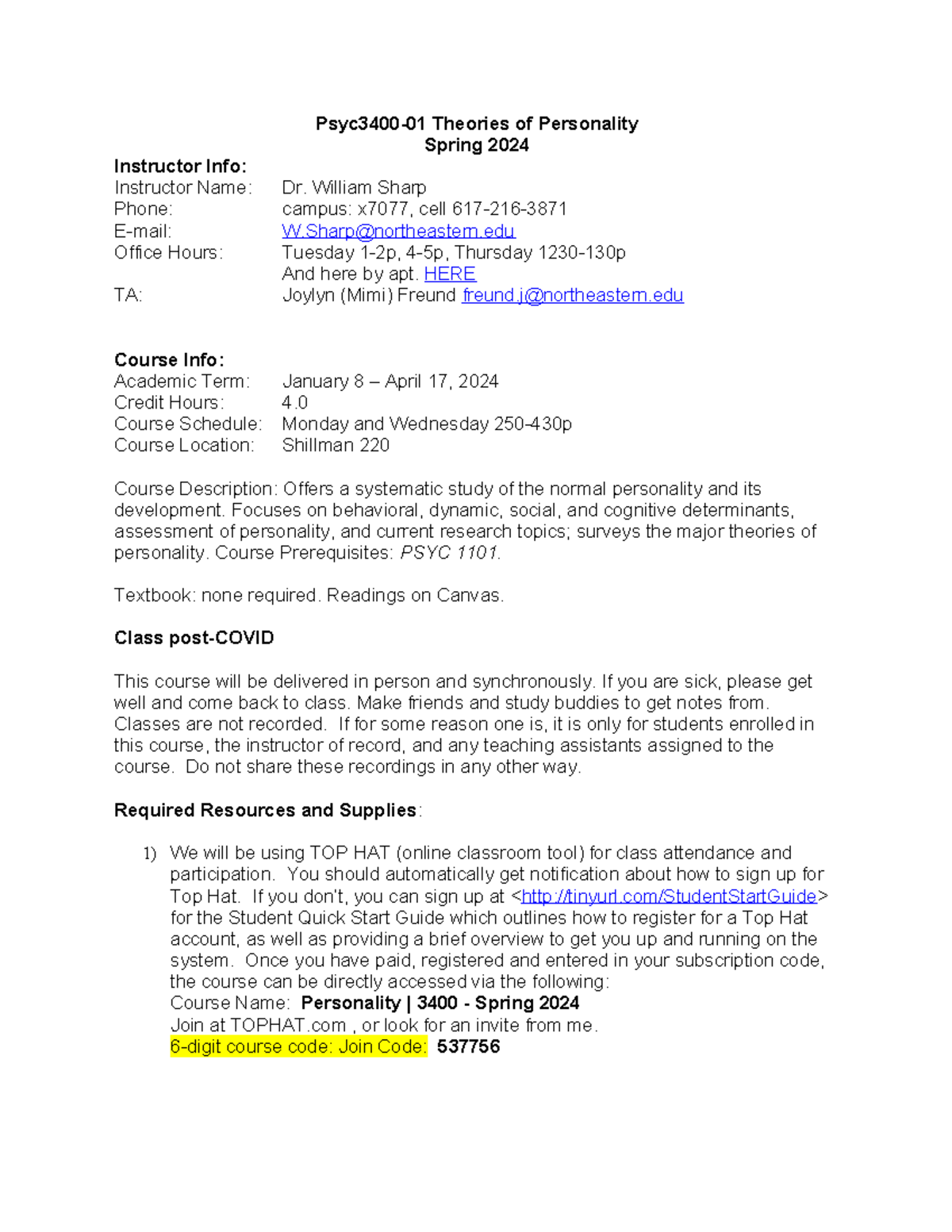 PSYC3400 Personality Syllabus Spring 2024 - Psyc3400-01 Theories of ...