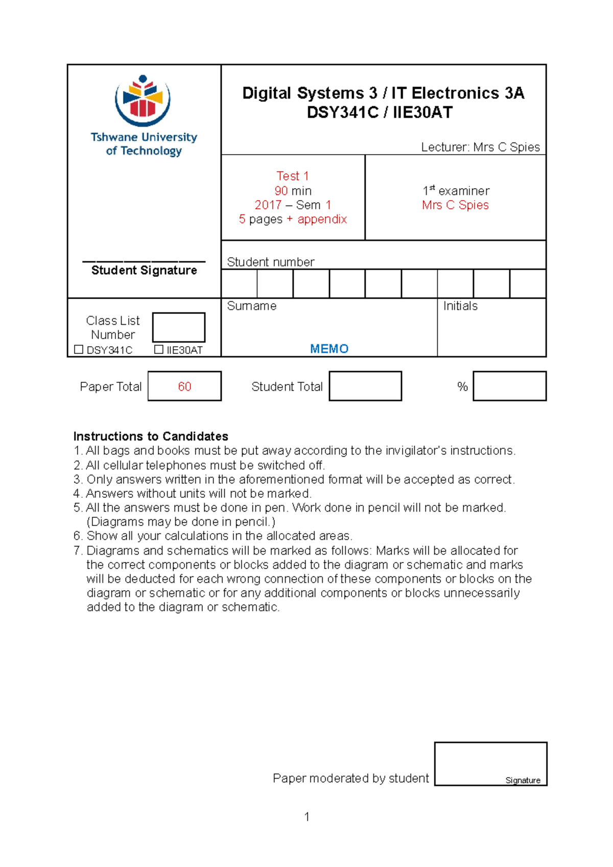 2017 Test 1 Question Paper and Memo - Digital Systems 3 / IT ...