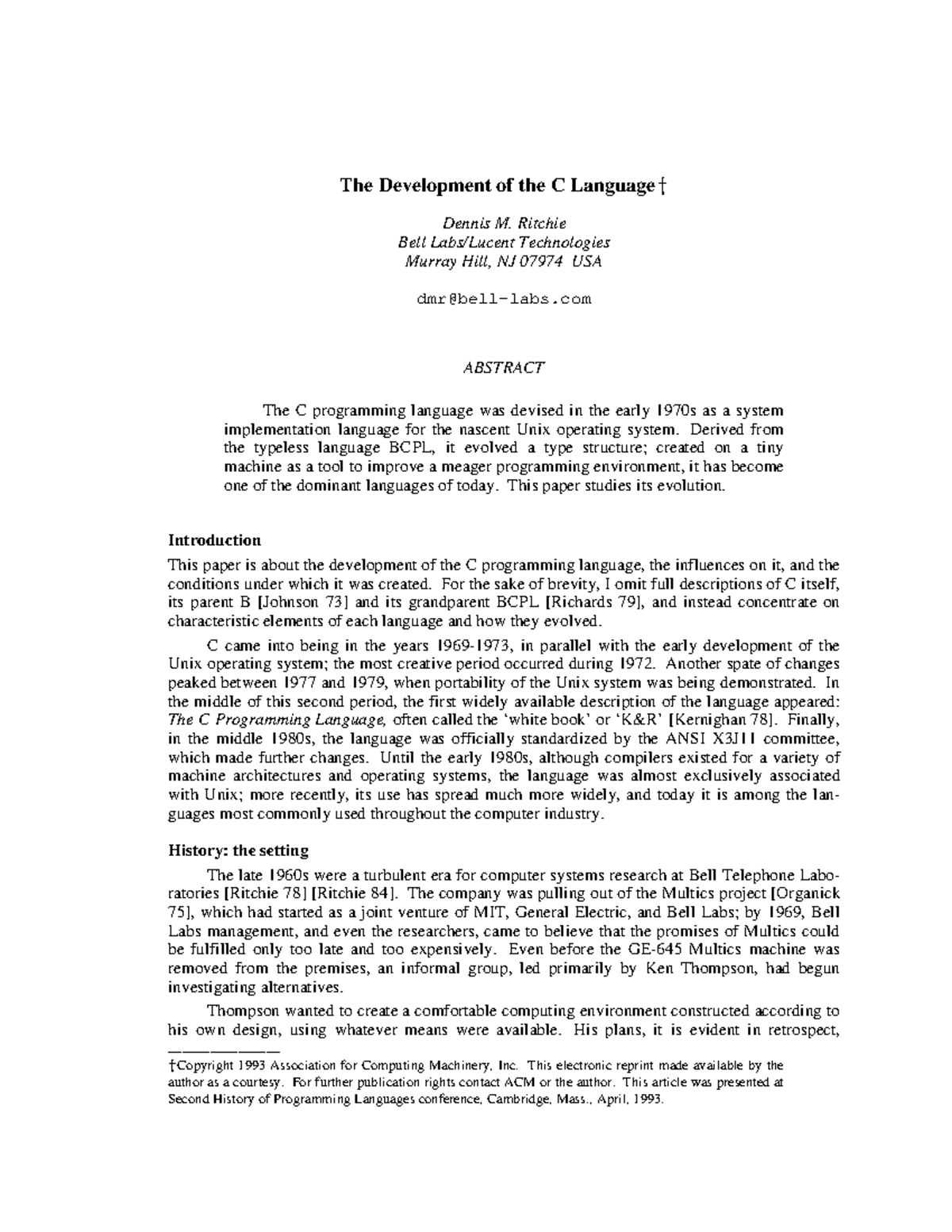 Chist - The Development of the C Language Dennis M. Ritchie Bell Labs ...