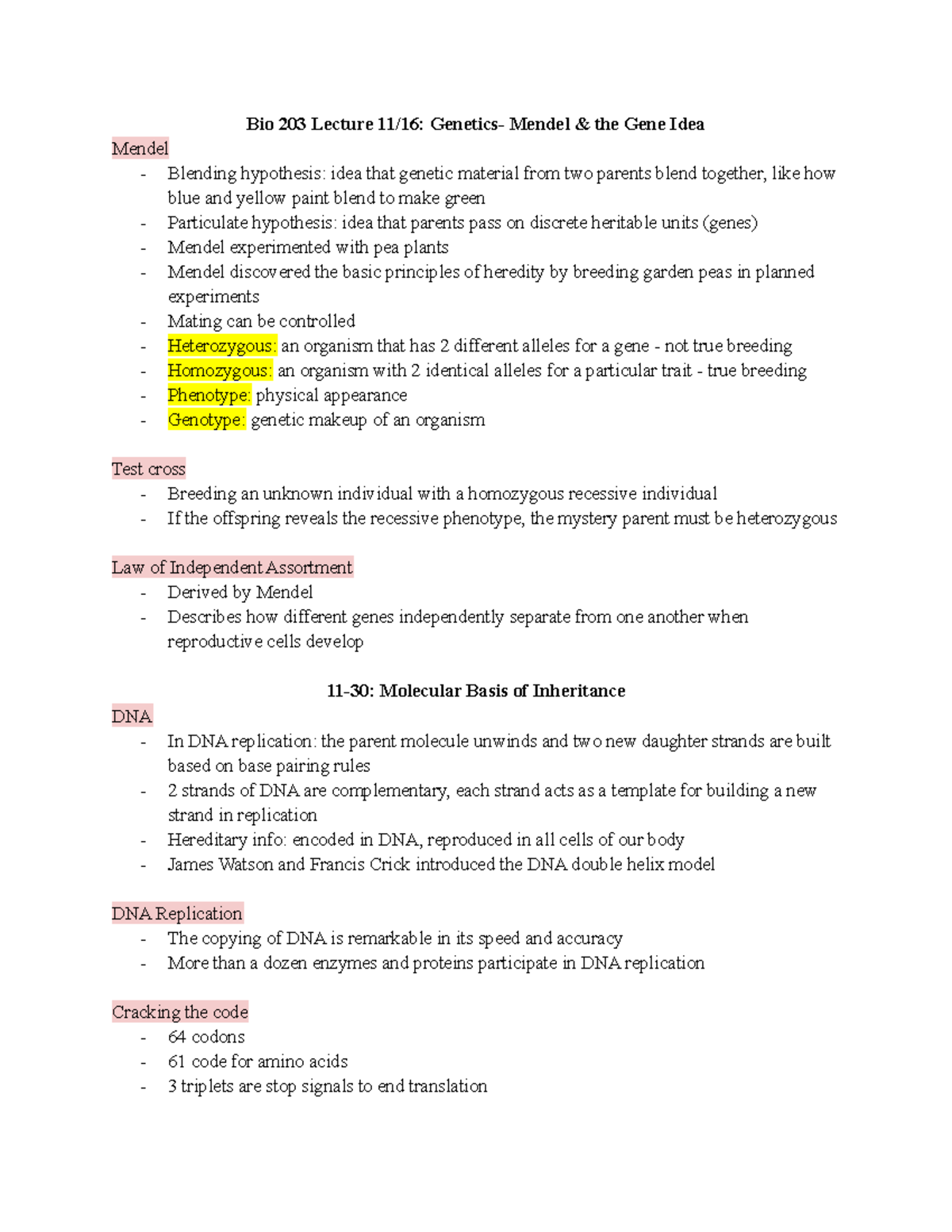 Bio 203 Genetics - Lecture Notes - Bio 203 Lecture 11/16: Genetics ...