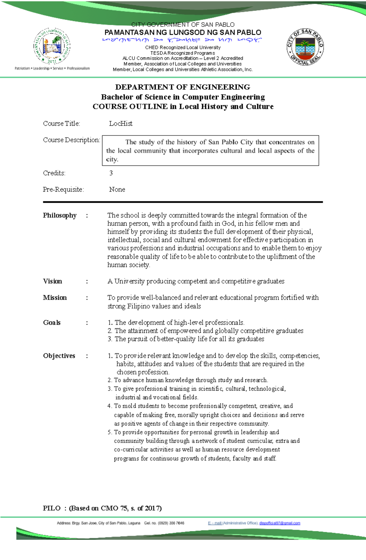 Local History Course Outline - PAMANTASAN NG LUNGSOD NG SAN PABLO CHED ...