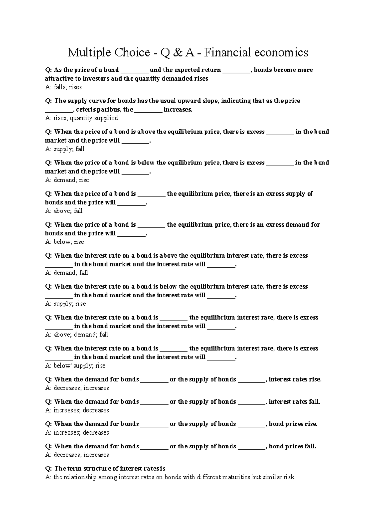 Multiple Choice Financial Economics - Multiple Choice - Q & A ...