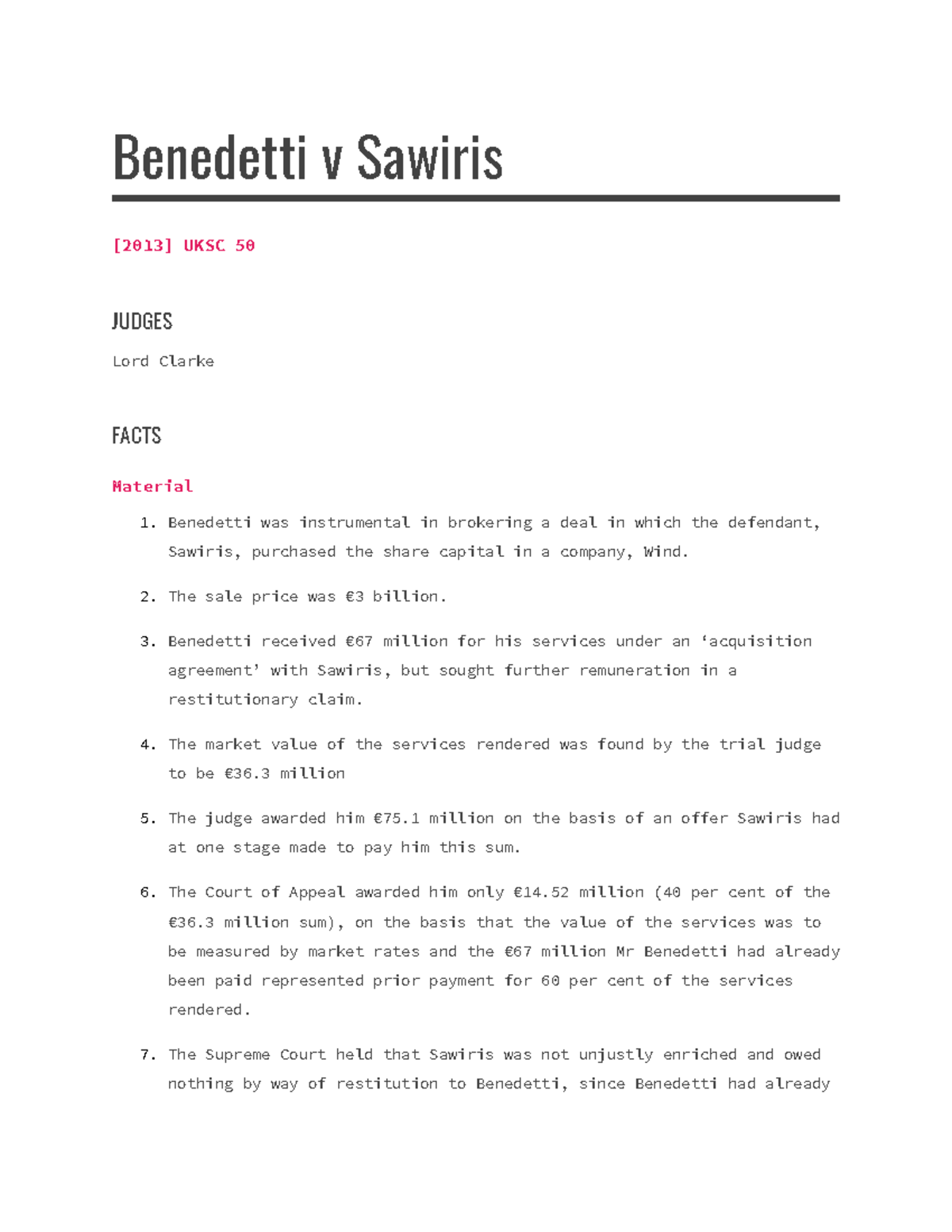 Benedetti v Sawiris Case Brief - Benedetti v Sawiris [2013] UKSC 50 ...
