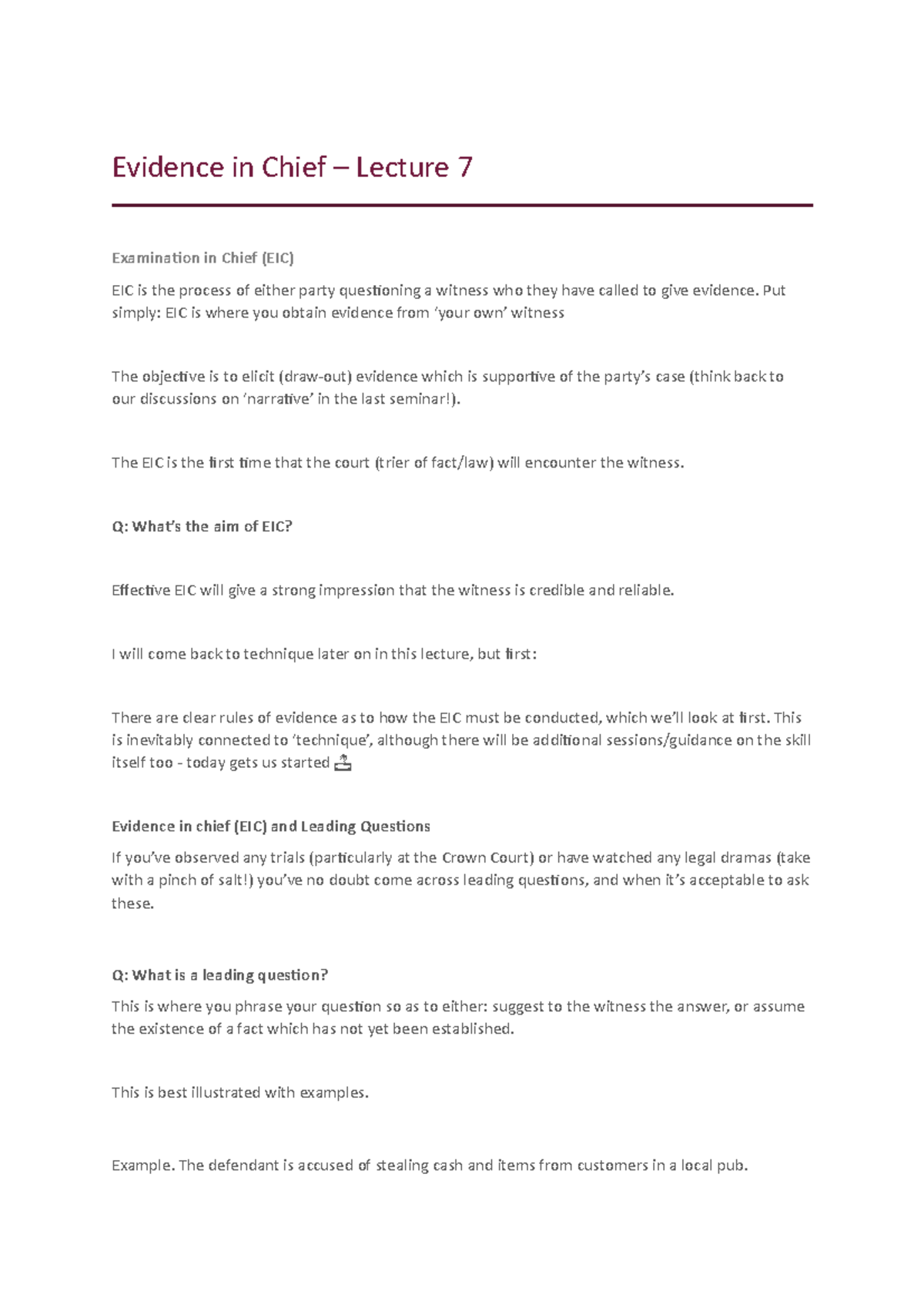 Evidence in Chief (EVI7) - Evidence in Chief – Lecture 7 Examination in ...