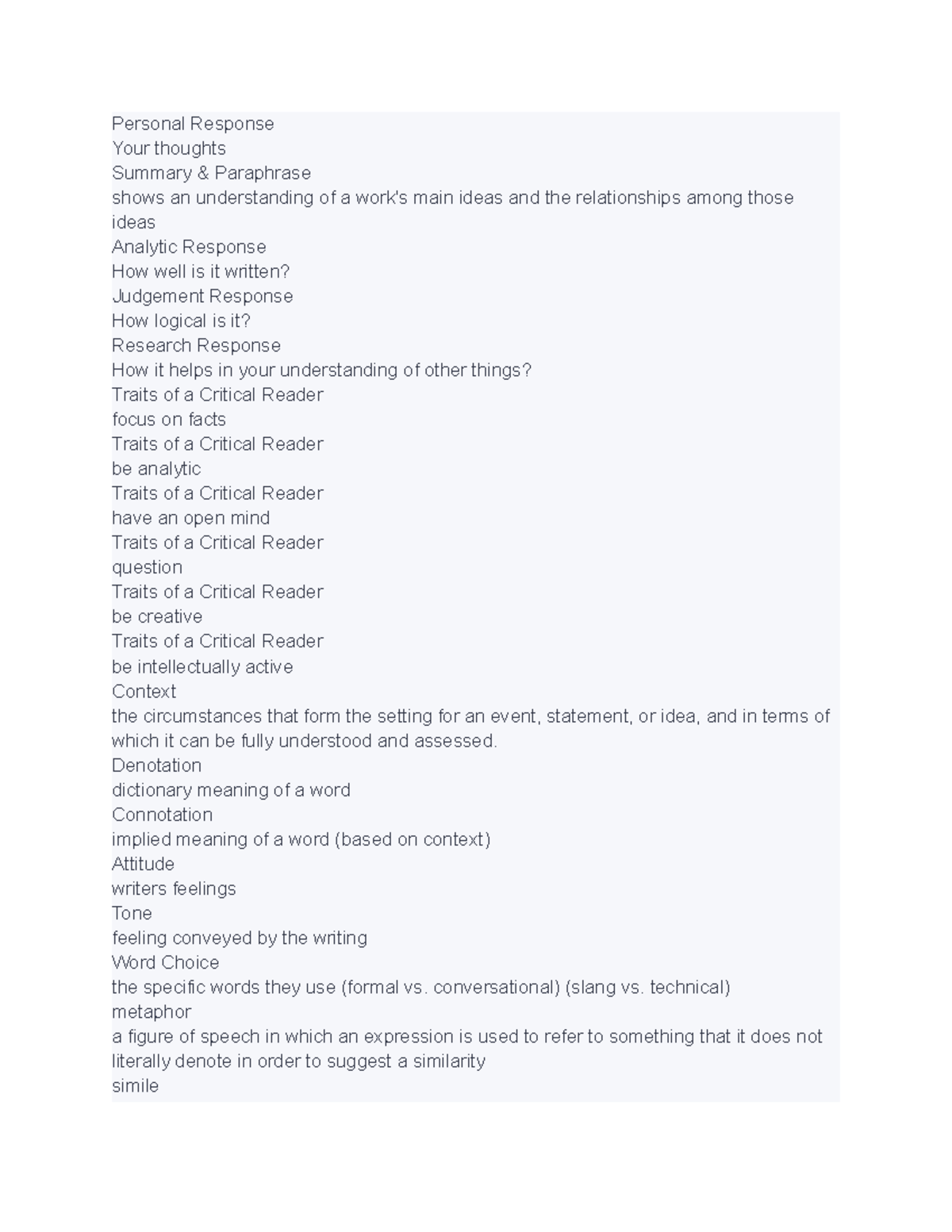 Engl 101 lecture notes, professor storey - Personal Response Your ...