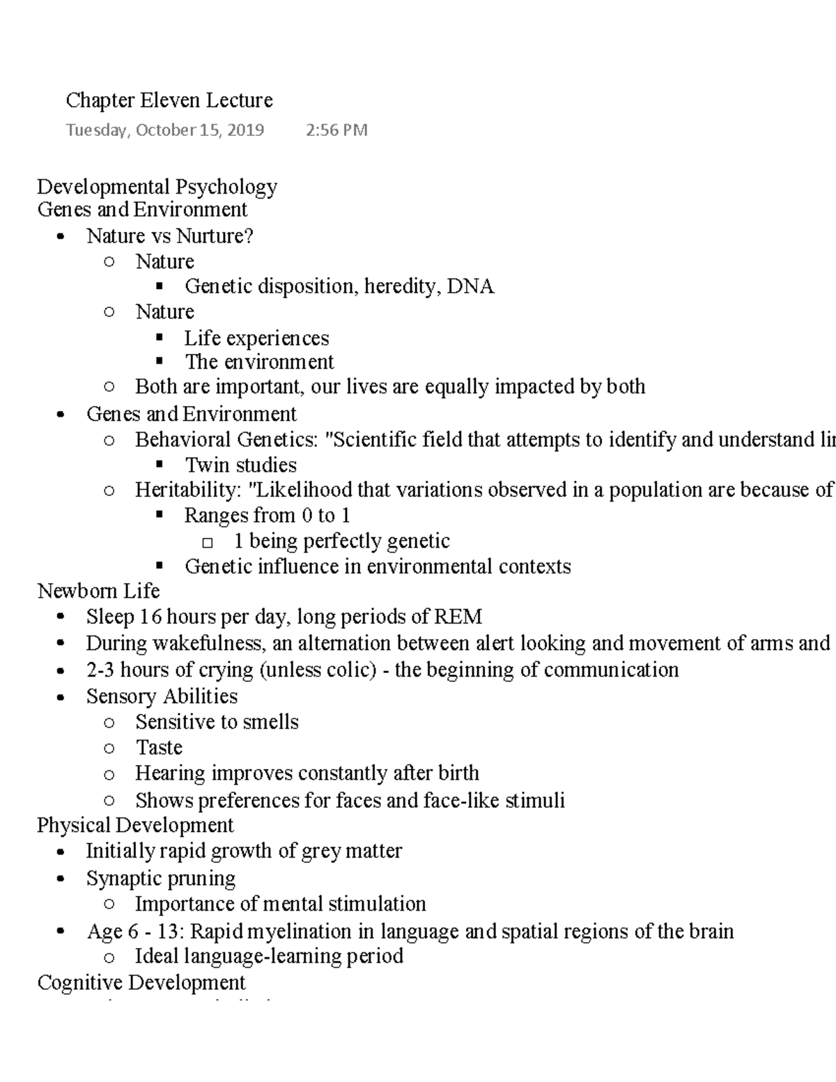 Chapter Eleven Lecture - Developmental Psychology Genes and Environment ...
