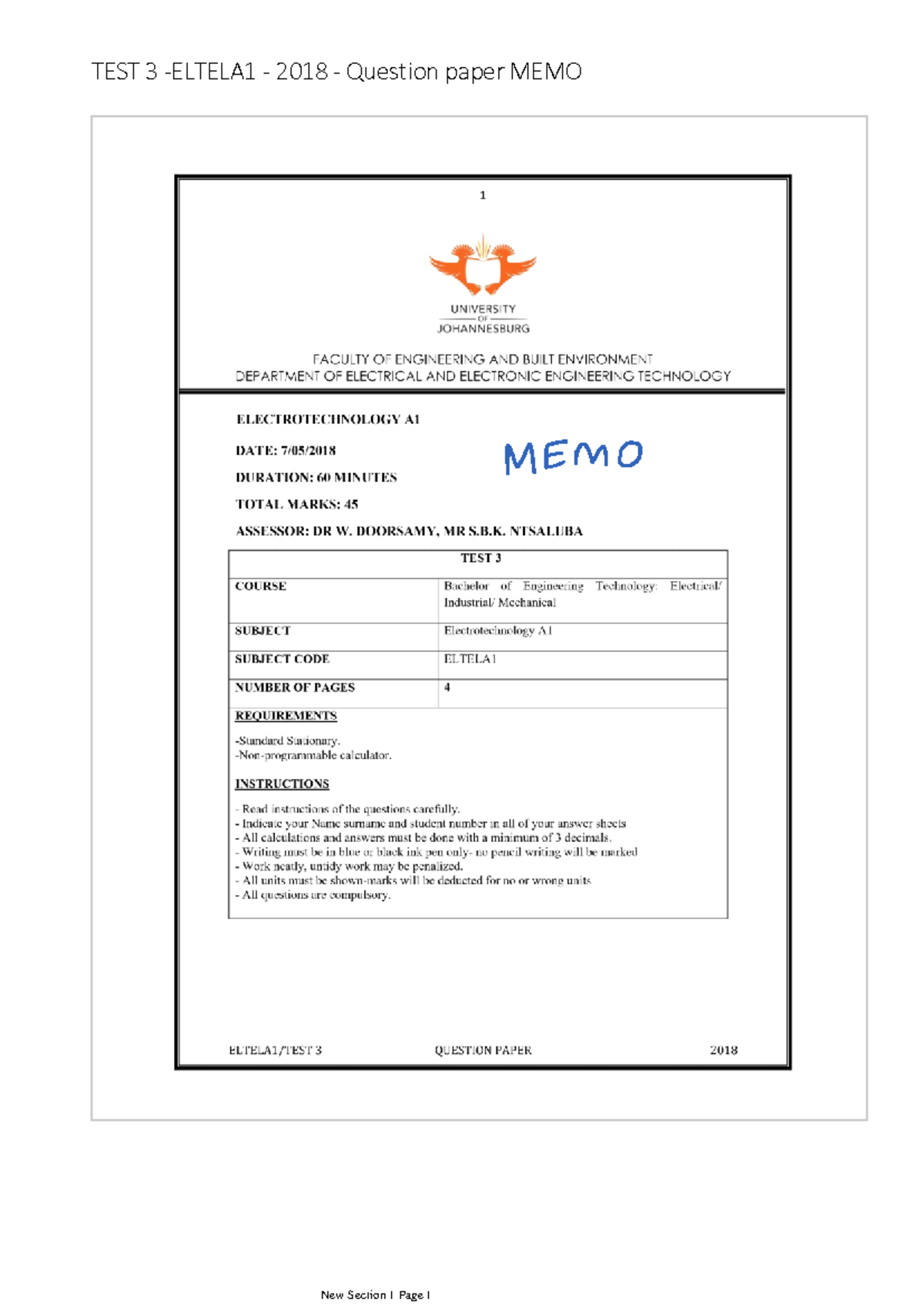 Semester test 3 2018 Memo - TEST 3 - ELTELA1 - 2018 - Question paper ...