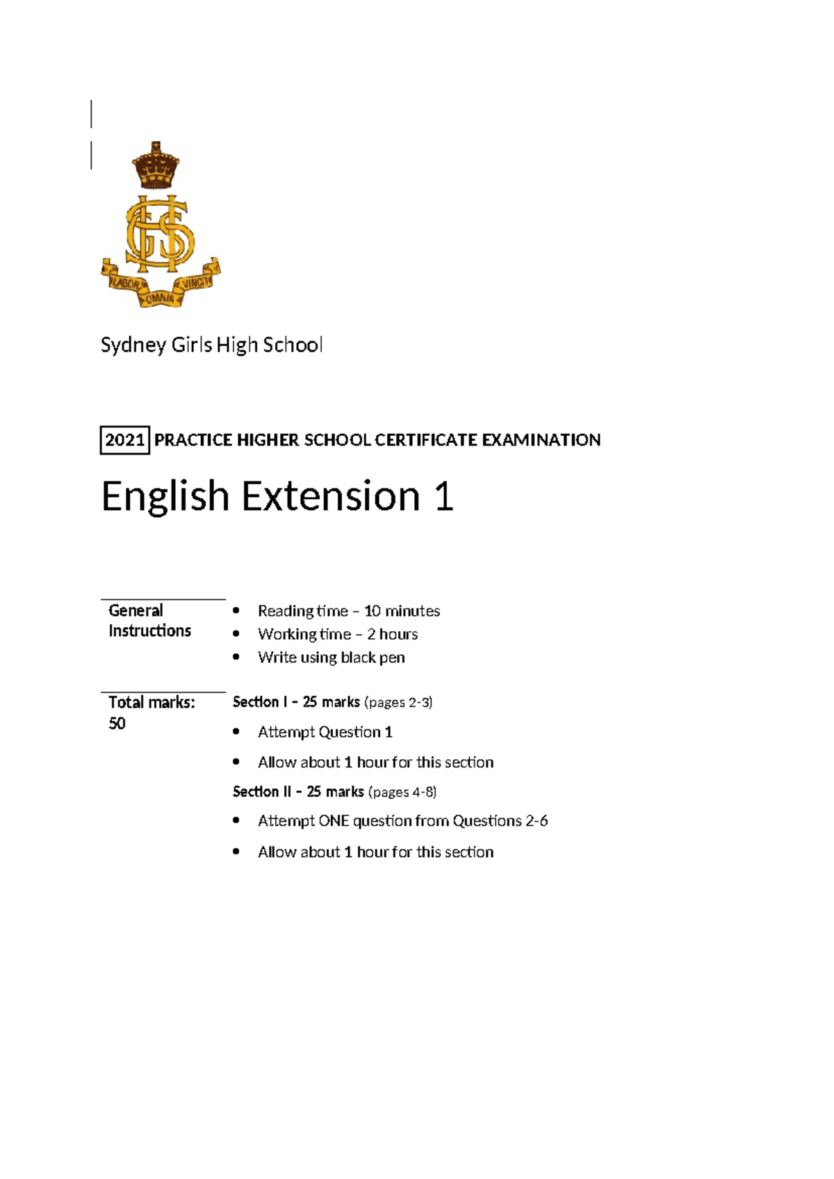 Practice HSC Paper Extension 1 2021 - ‘ Sydney Girls High School 2021 ...