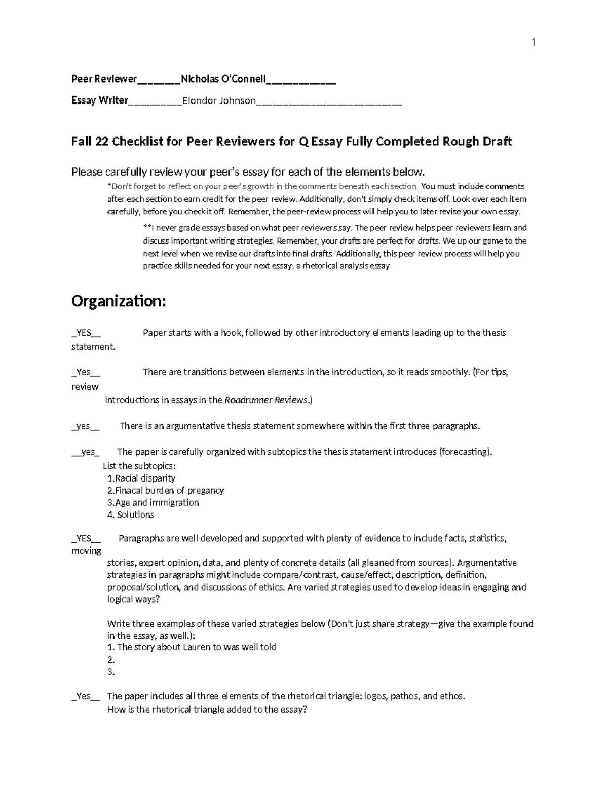 Fall 22 Peer Review Checklist for Q Essay - Peer Reviewer ...