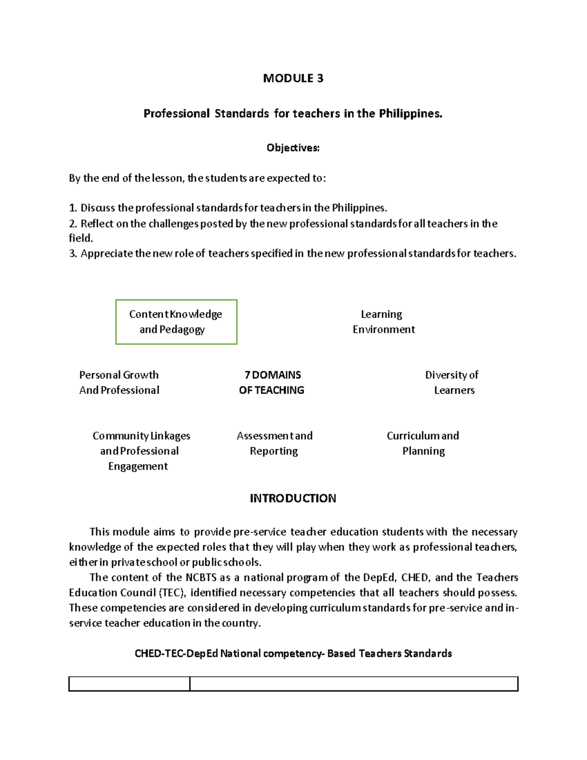 Module 3 and 4 teaching prof - MODULE 3 Professional Standards for ...