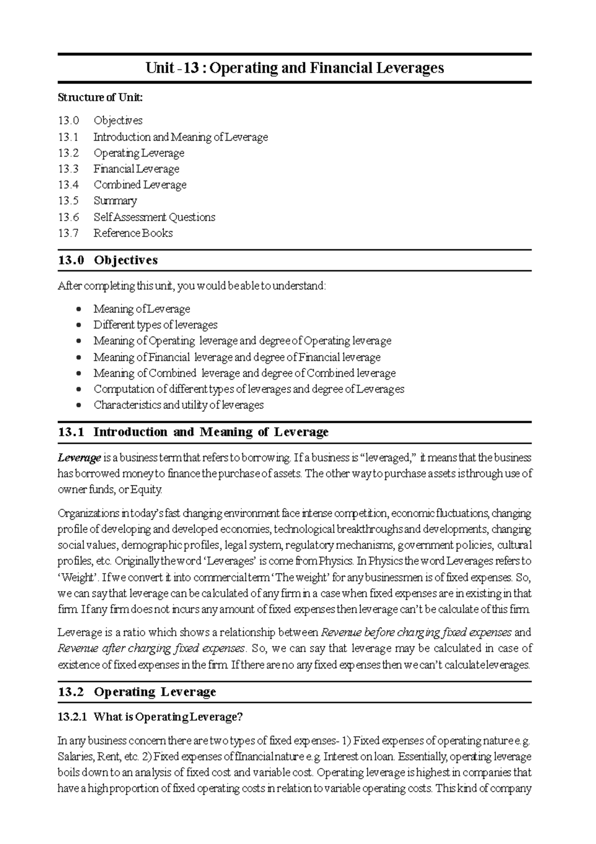 Operating and Financial Leverages - Unit -13 : Operating and Financial ...