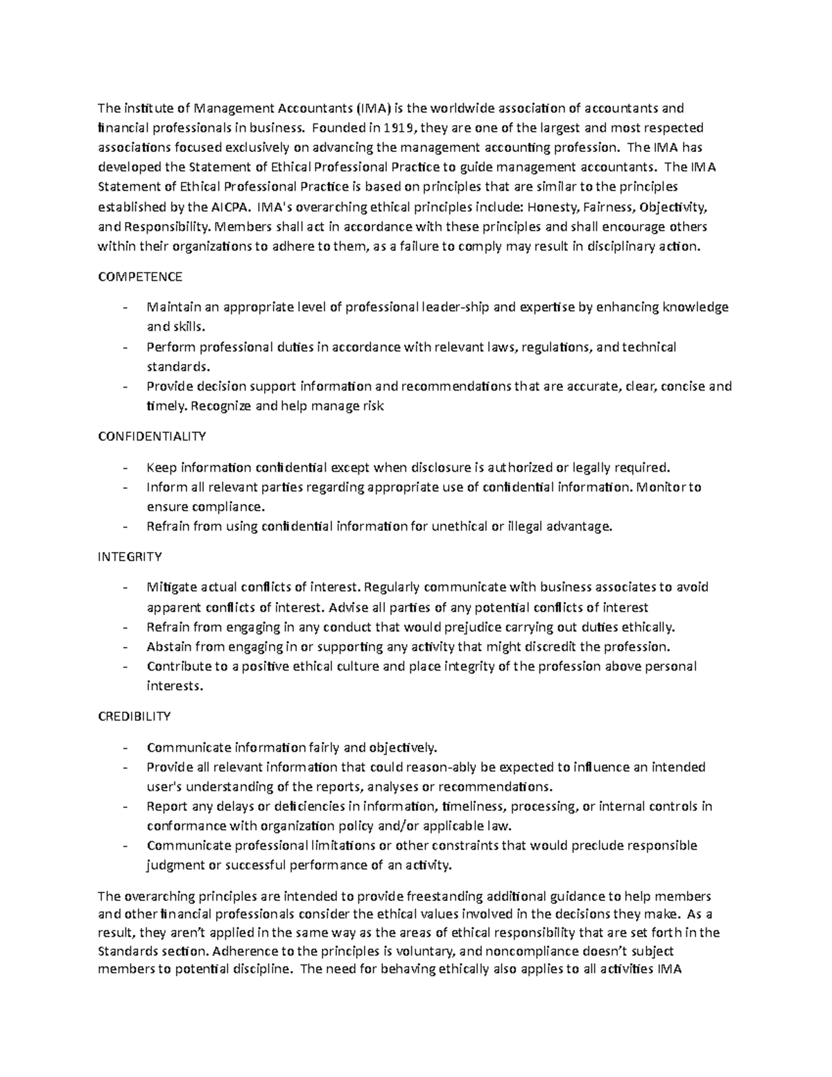 IMA Ethics Discussion - The institute of Management Accountants (IMA ...