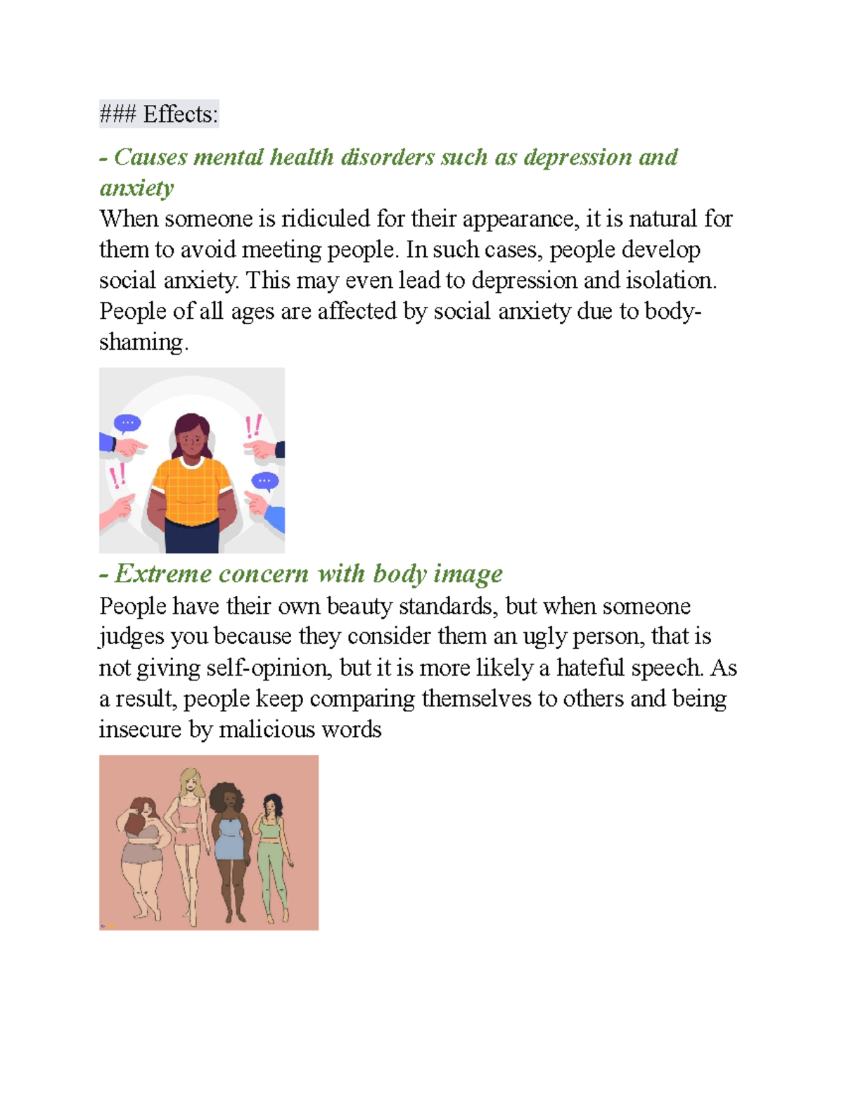 Outcome of body shaming - ### Effects: - Causes mental health disorders such as depression and ...