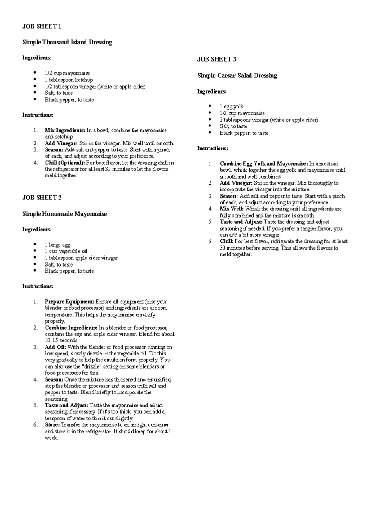 JOB Sheet 1-3 salad dressing - JOB SHEET 1 Simple Thousand Island ...