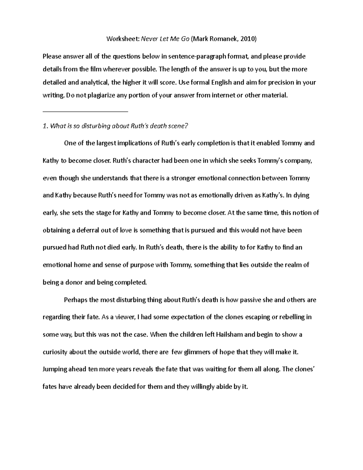 Never Let Me Go copy - class summary - Worksheet: Never Let Me Go (Mark ...