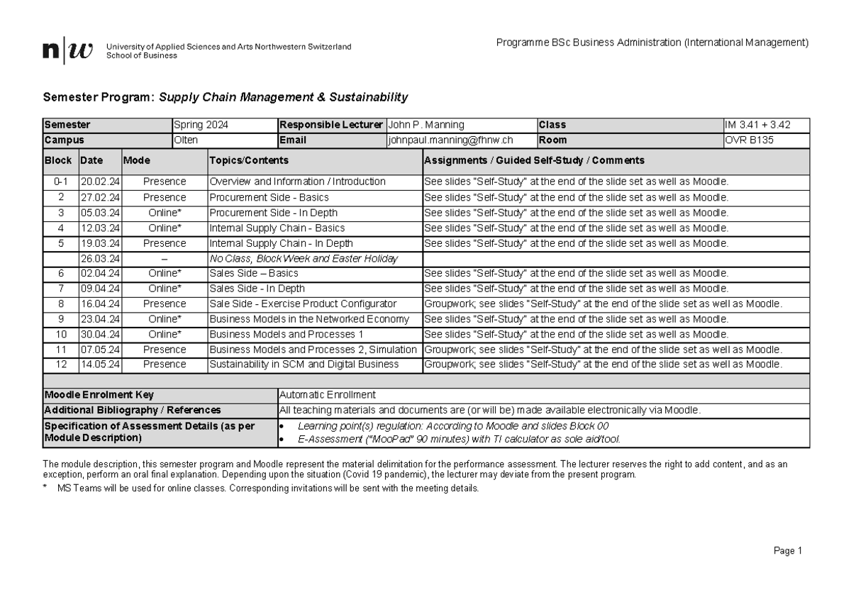 Course Structure Programme Bsc Business Administration International