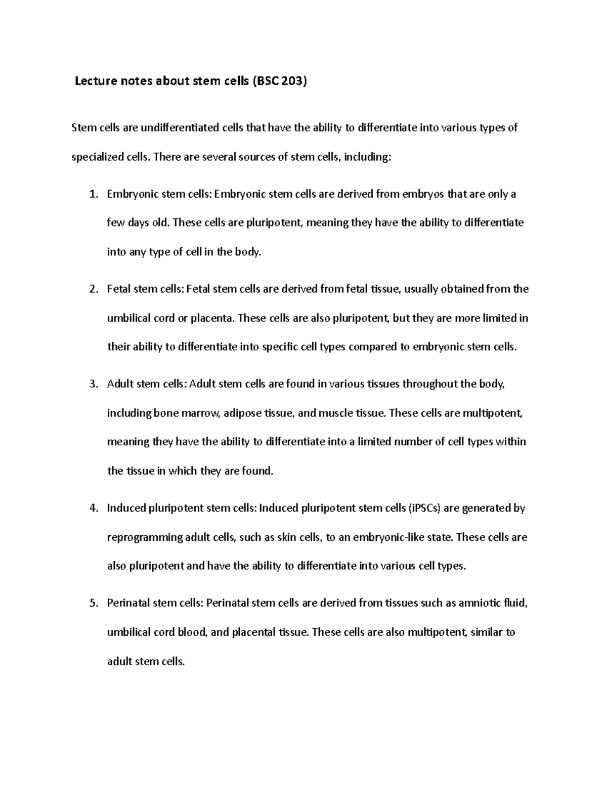 Lecture Notes About Stem Cells There Are Several Sources Of Stem