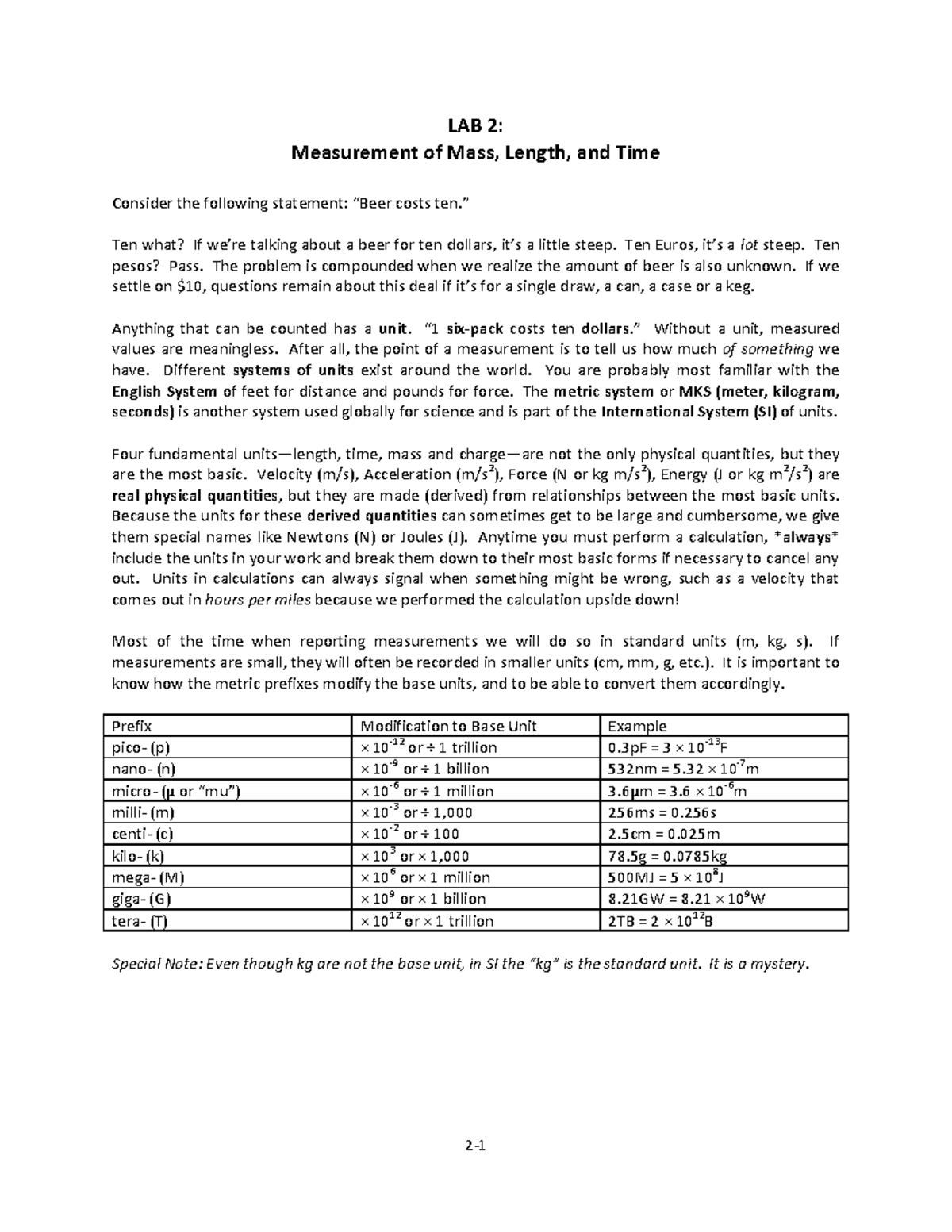 Lab 2 - Measurement of Mass, Length, and Time - LAB 2: Measurement of ...