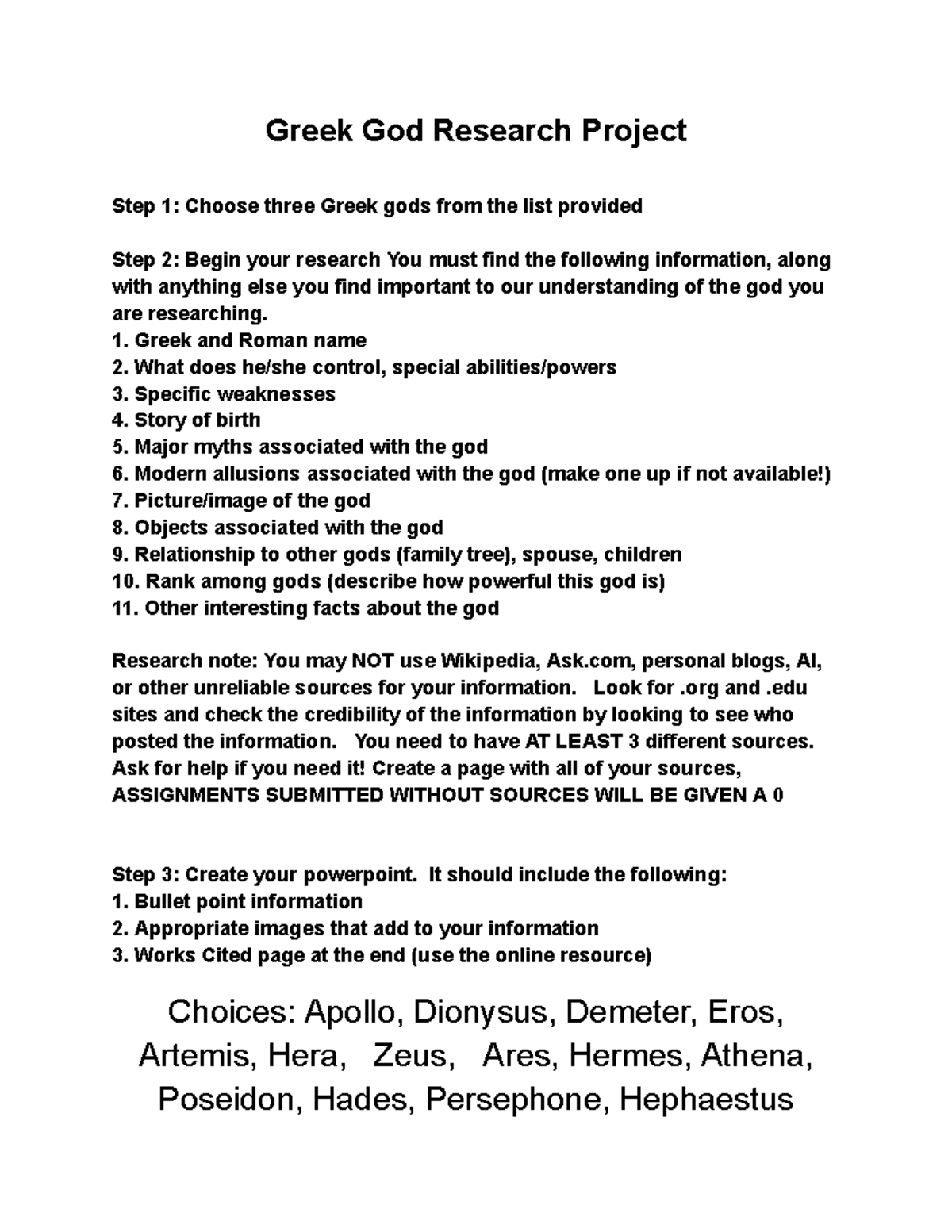 Greek God Project - Greek God Research Project Step 1: Choose three ...