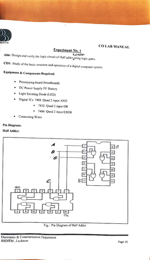 COA LAB manual - Experiment No. 1 Objective: Implement Half Adder using ...