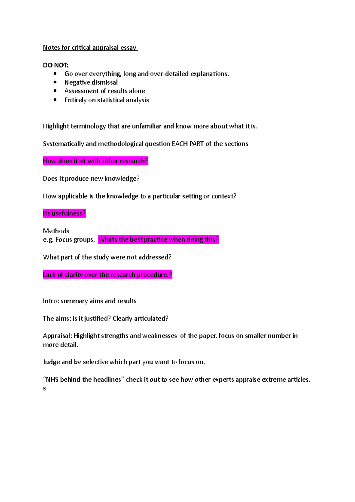 How to appraise Research paper - Notes for critical appraisal essay DO ...