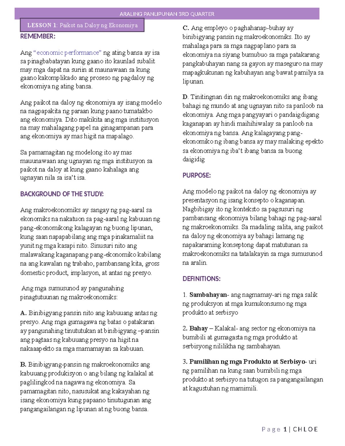 AP Reviewer 3RD Q - REMEMBER: Ang “economic performance” ng ating bansa ...