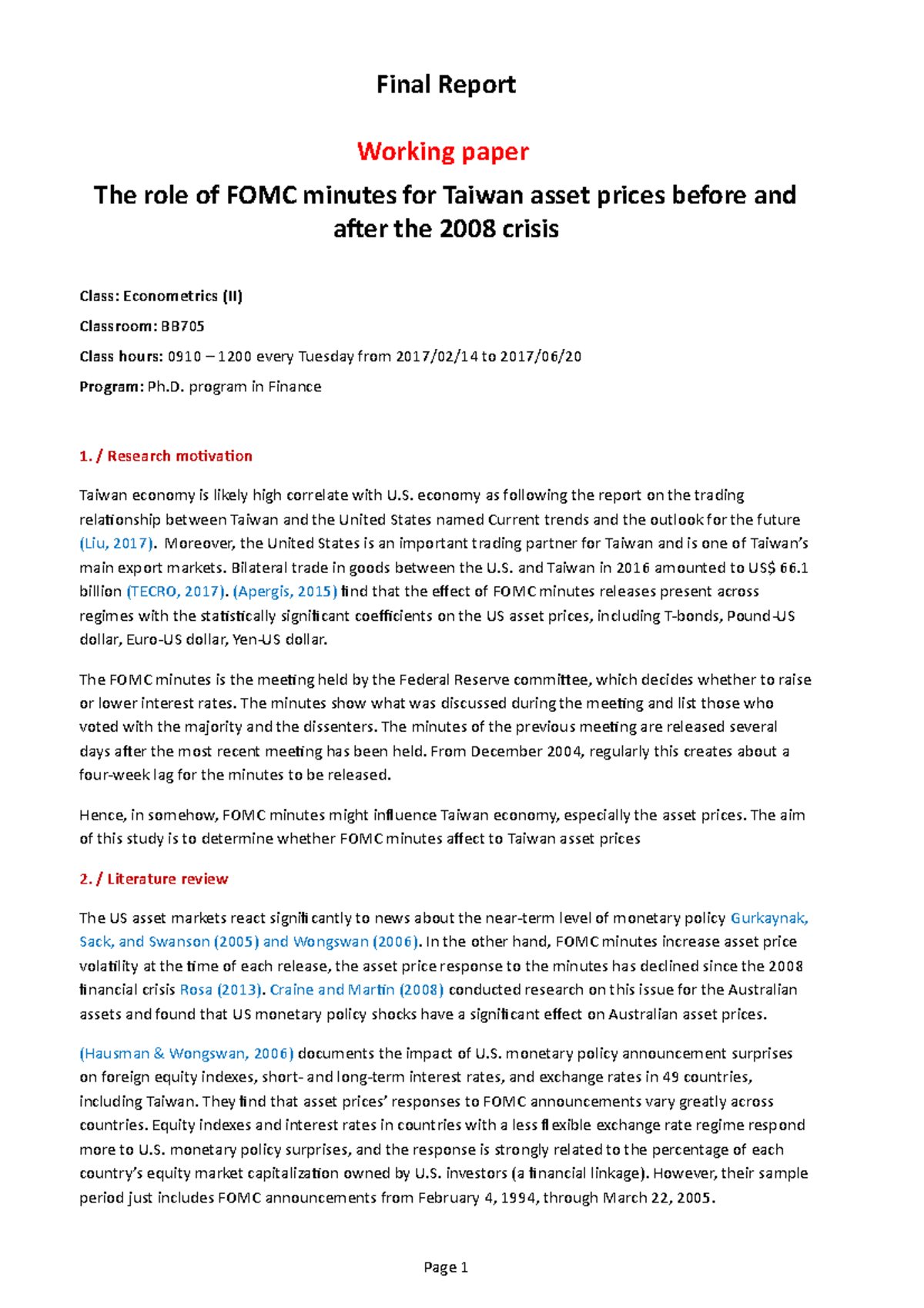 Final Project - Grade: A+ - Final Report Working paper The role of FOMC ...