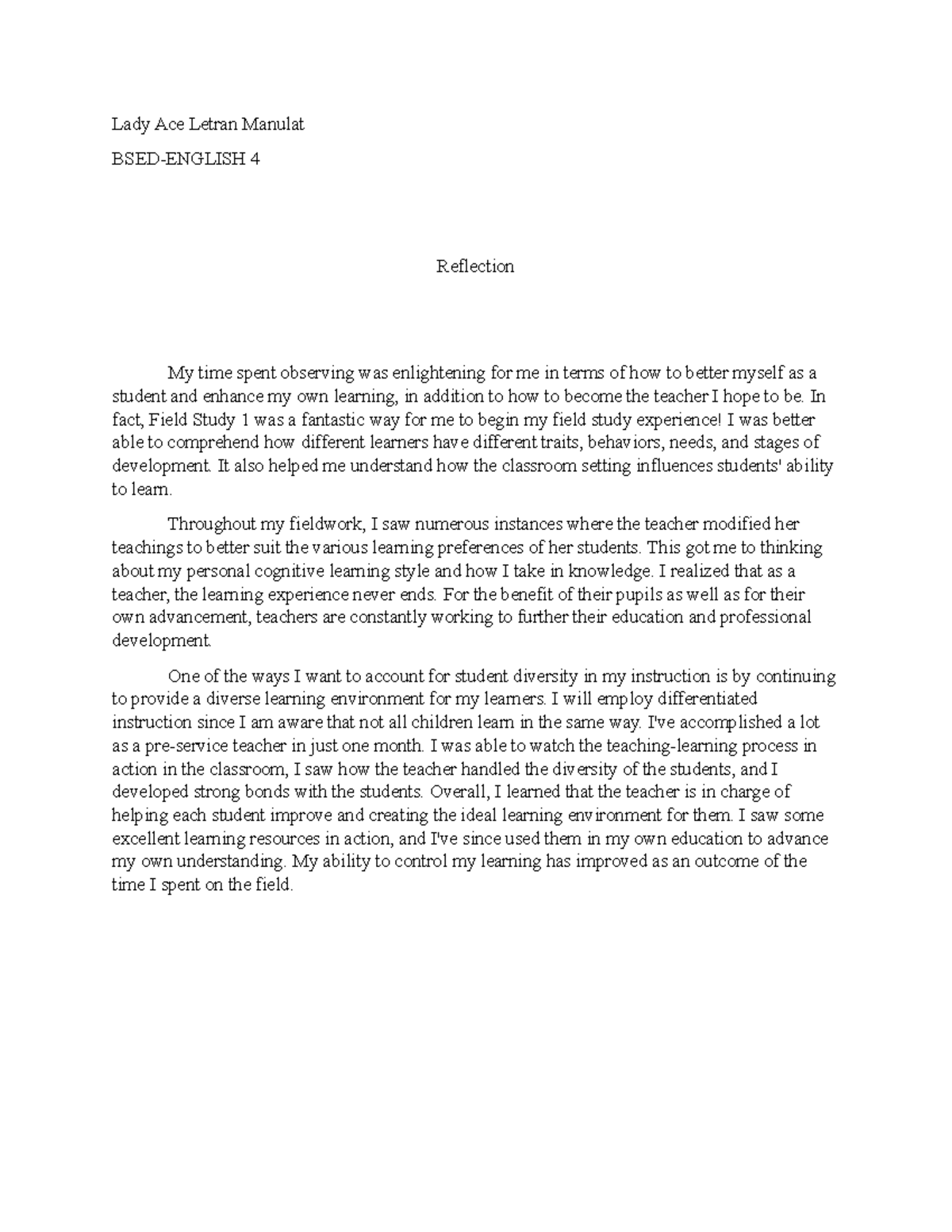 Reflection for FS1 - Lady Ace Letran Manulat BSED-ENGLISH 4 Reflection ...