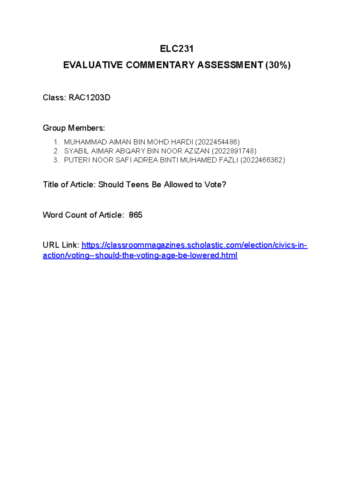 Should Teens Be Allowedto Vote - ELC EVALUATIVE COMMENTARY ASSESSMENT ...
