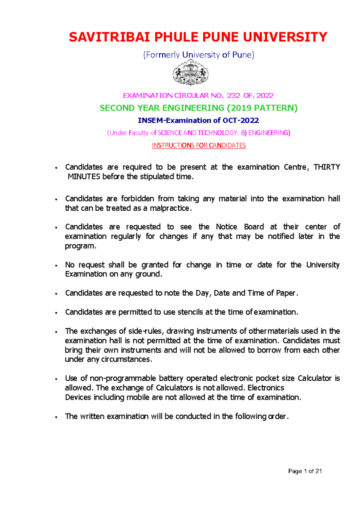 S.E. 2019 Pattern Insem EXAM Timetable FOR OCT 2022 EXAM - SAVITRIBAI ...