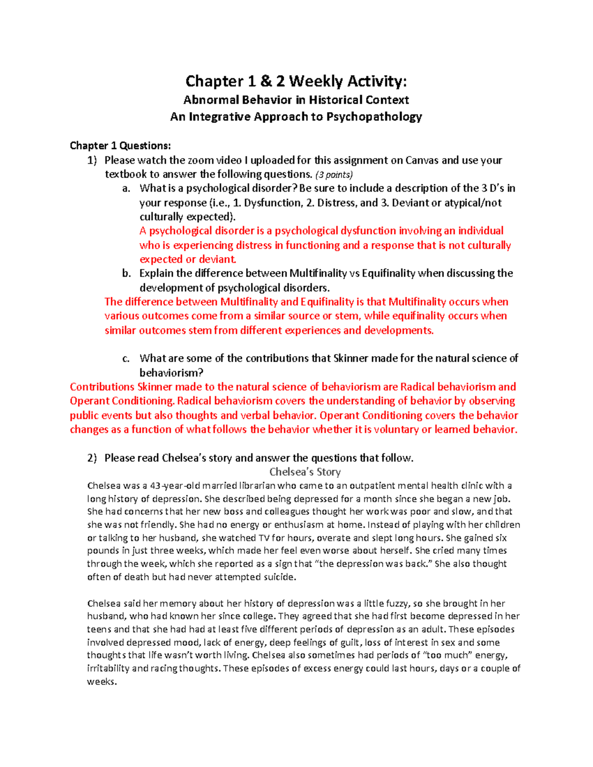Ch. 1 & 2 Weekly Activity - Chapter 1 & 2 Weekly Activity: Abnormal Behavior in Historical - Studocu