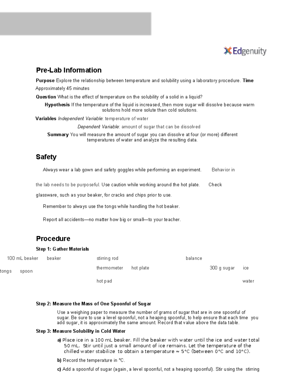 Lab chemistry B - Lab: Solubility Student Guide Pre-Lab Information Purpose Explore the ...