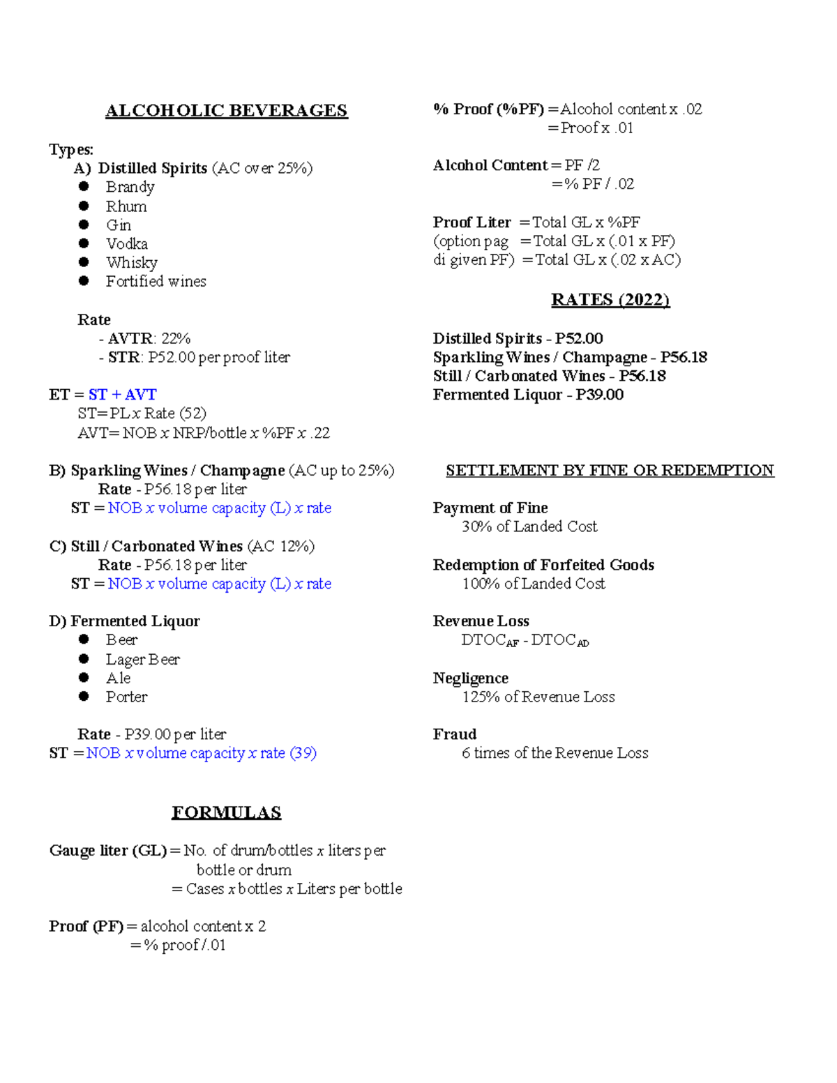 Formulas AND Rates 2 - ALCOHOLIC BEVERAGES Types: A) Distilled Spirits ...