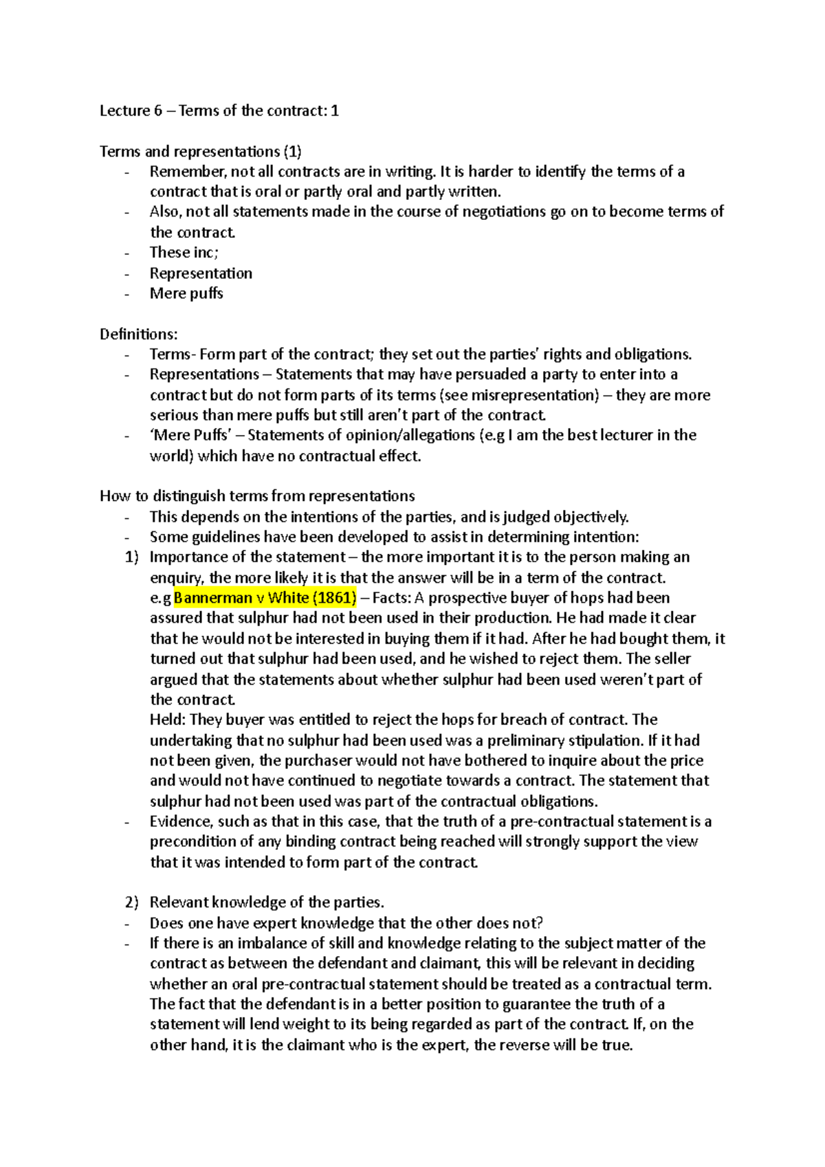 Lecture 6 - terms of the contract 1 notes - UWE - Studocu