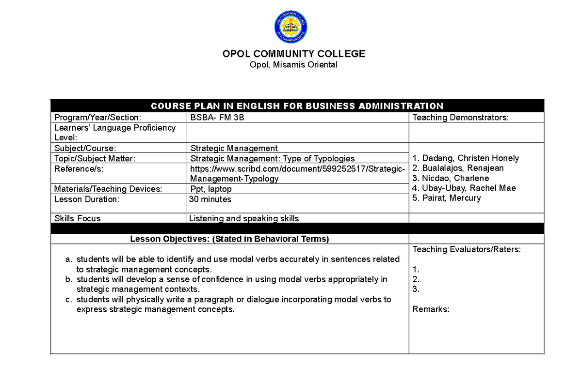 Group 7 BA Revised Course PLAN - OPOL COMMUNITY COLLEGE Opol, Misamis ...