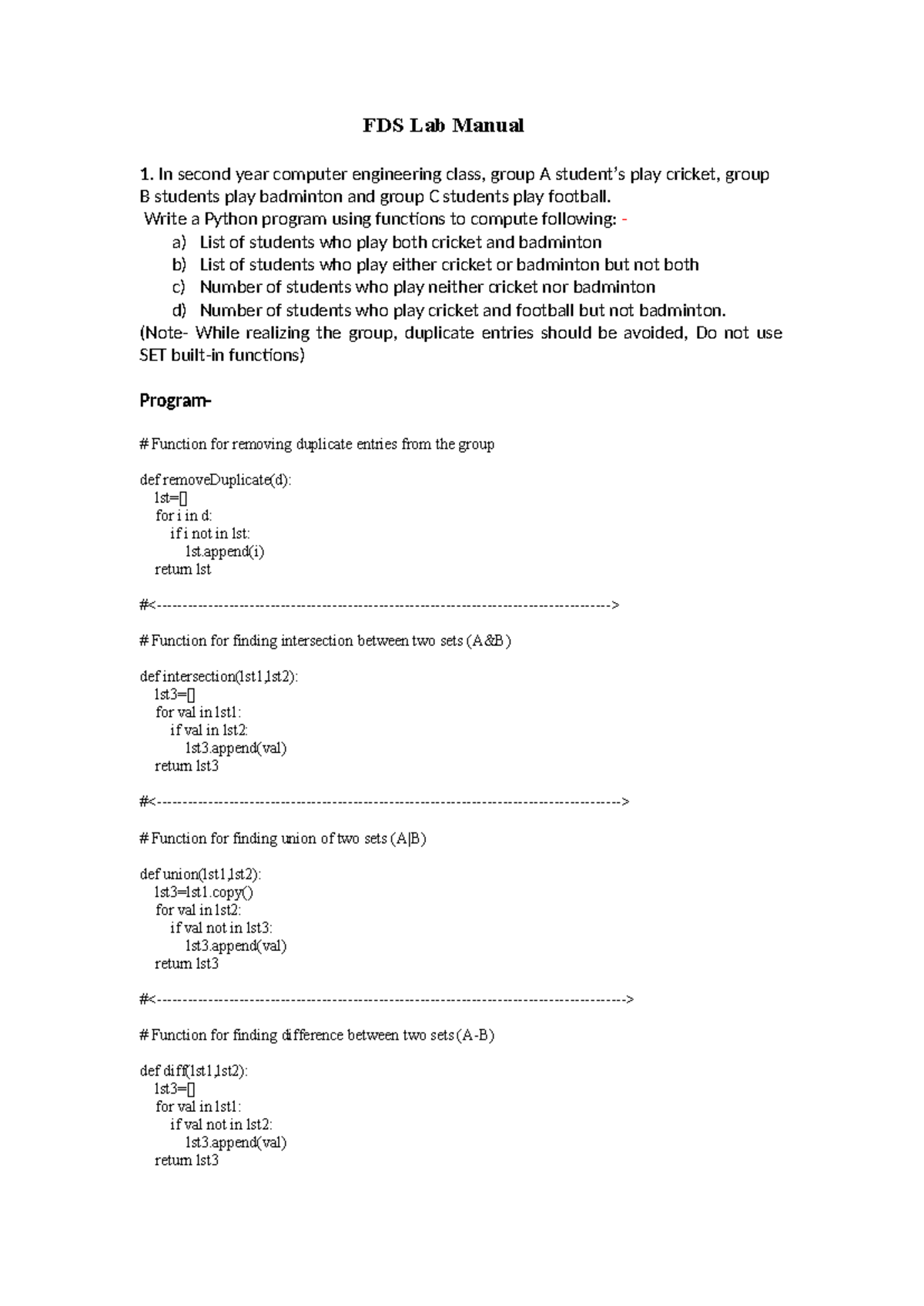 FDS Lab - FDS Labs - FDS Lab Manual 1. In second year computer engineering class, group A ...