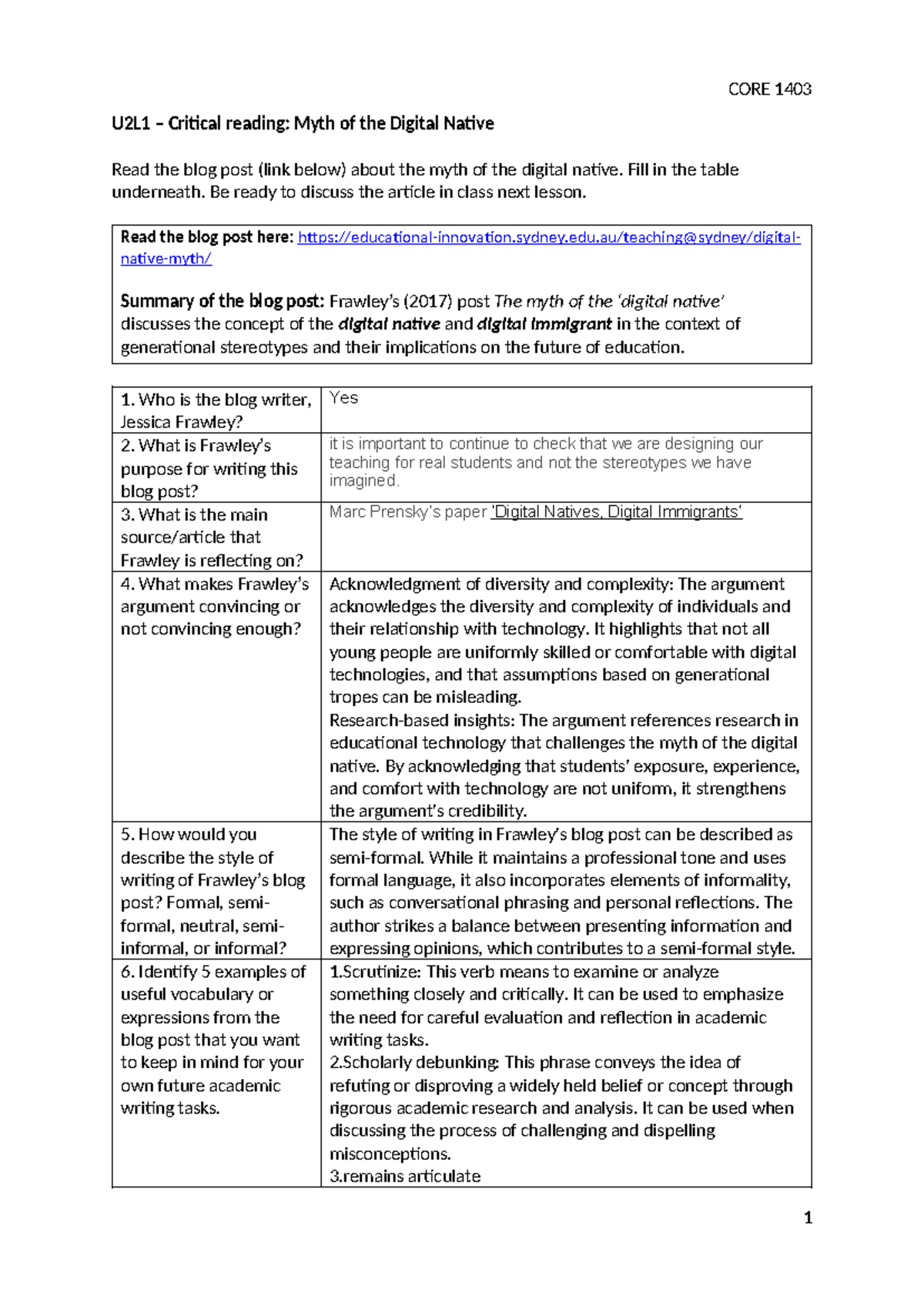 U2L1 - Read an academic blog post - Myth of the digital native - CORE 1403 U2L1 – Critical ...