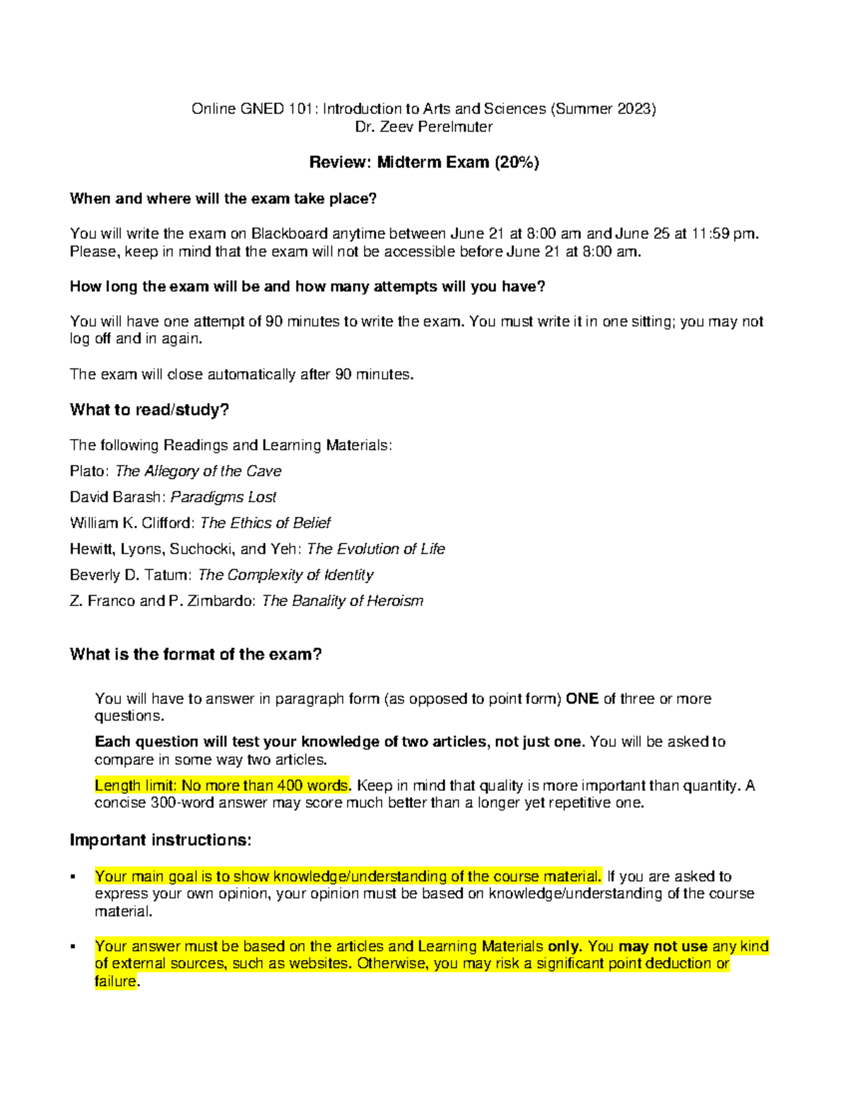 Midterm Exam Review - Online GNED 101: Introduction to Arts and ...