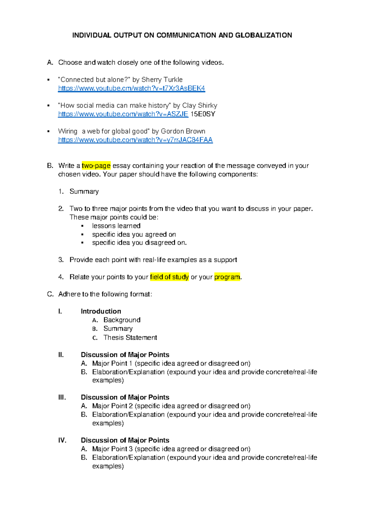 Individual Output ON Communication AND Globalization - INDIVIDUAL ...