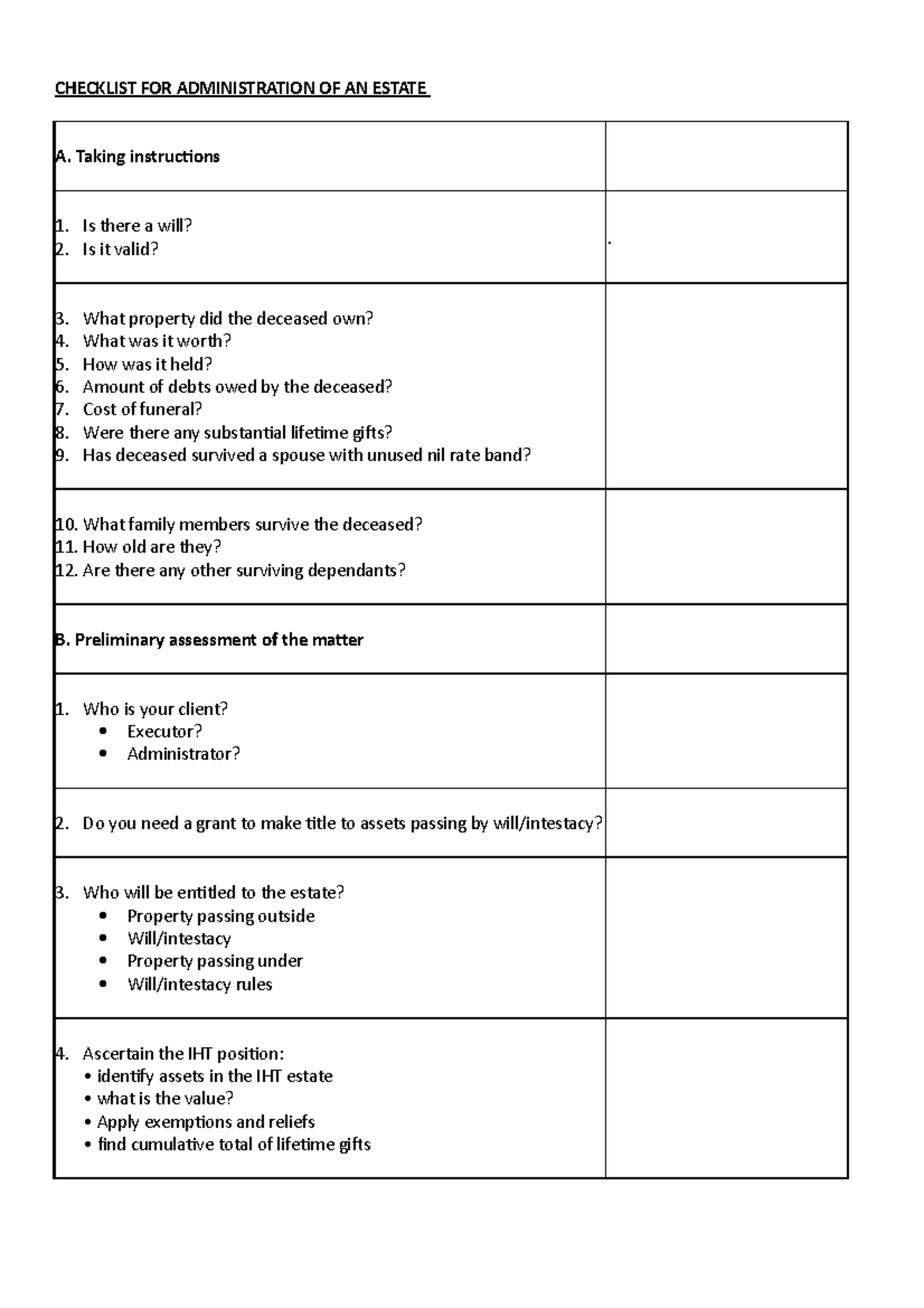 Checklist - Administration of Estate - CHECKLIST FOR ADMINISTRATION OF ...