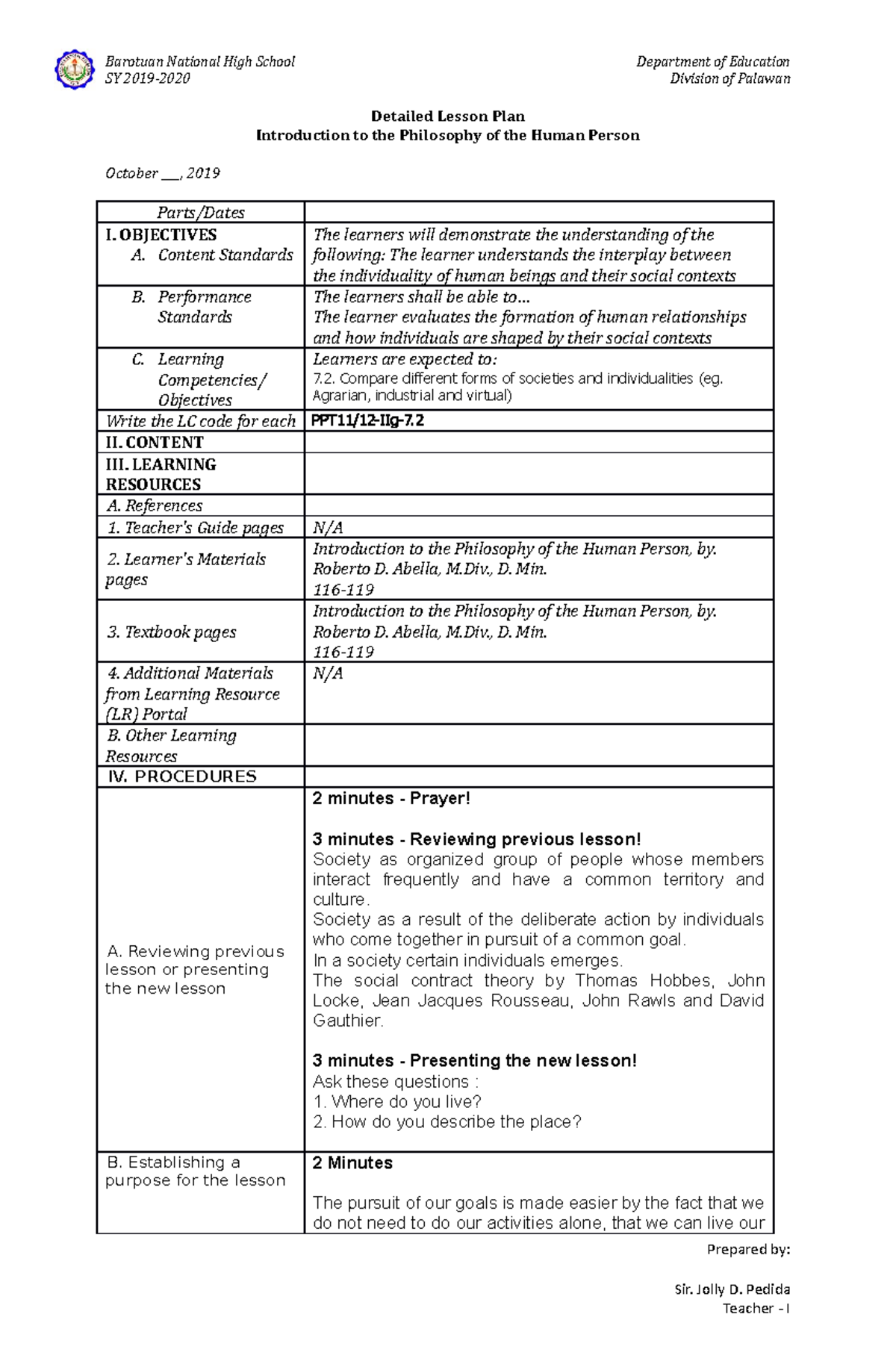 Semi-Detailed Lesson Plan Intro to Philosophy - SY 2019-2020 Division ...
