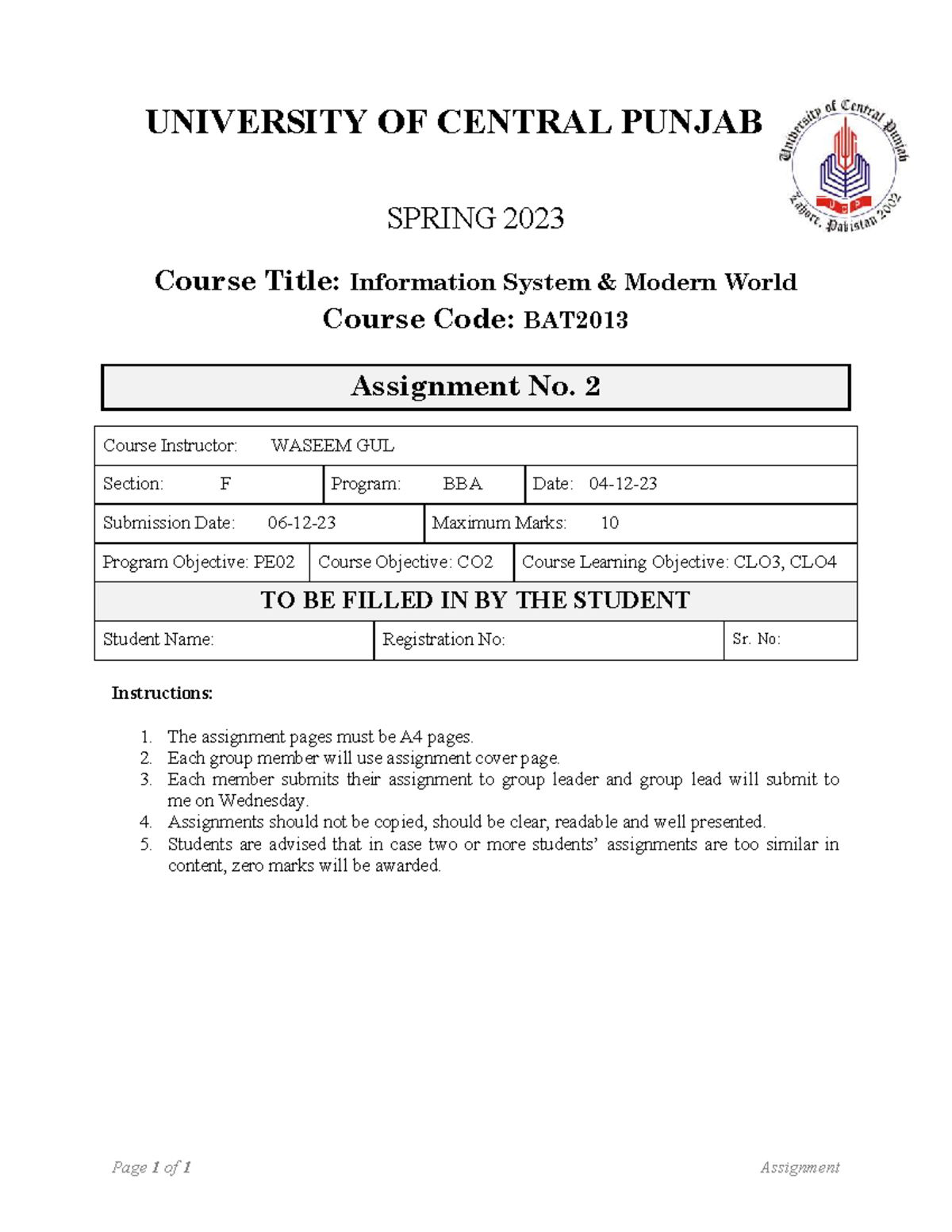 Assignment 2 ISMW Sec F - Page 1 of 1 Assignment UNIVERSITY OF CENTRAL PUNJAB SPRING 2023 Course ...