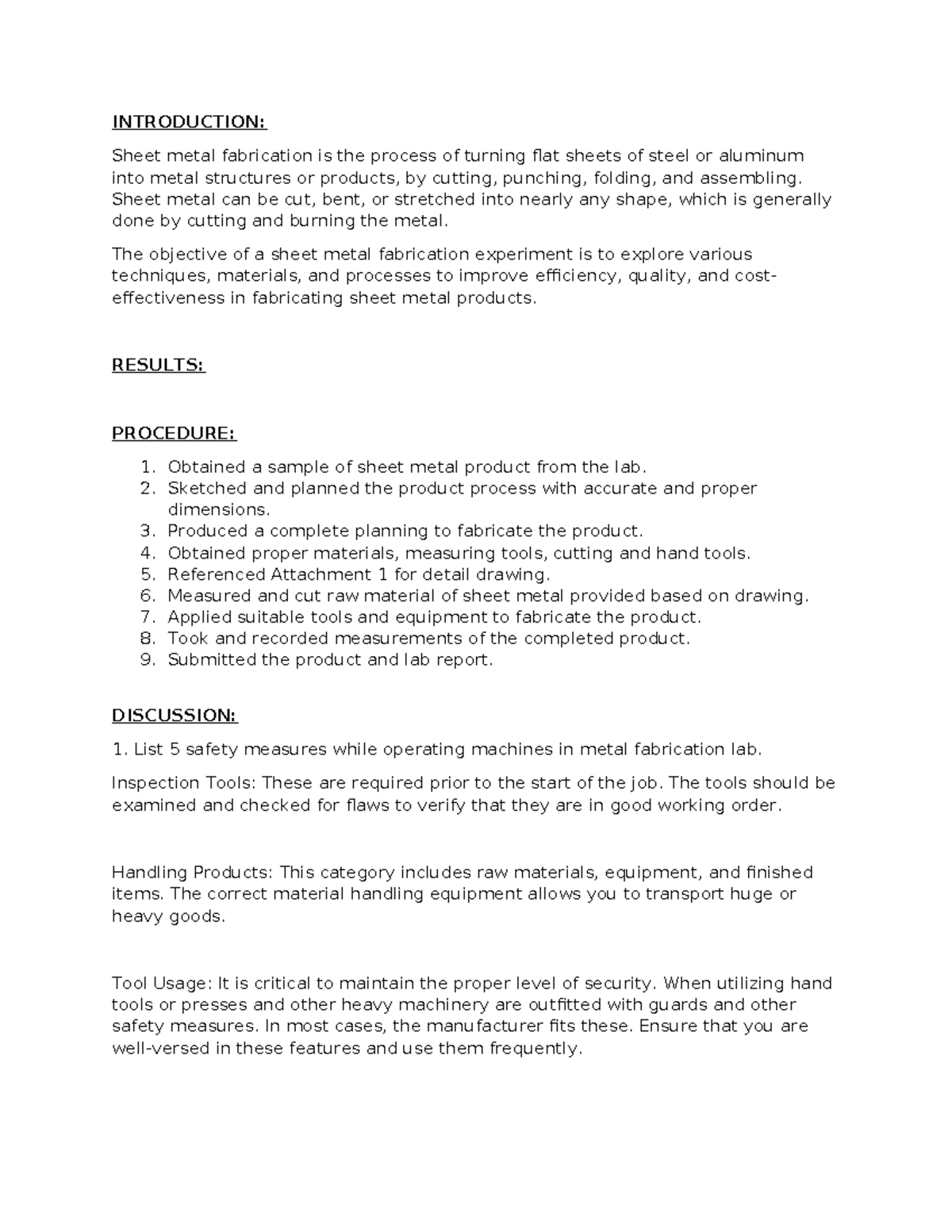 Sheet metal fabrication Lab - INTRODUCTION: Sheet metal fabrication is ...