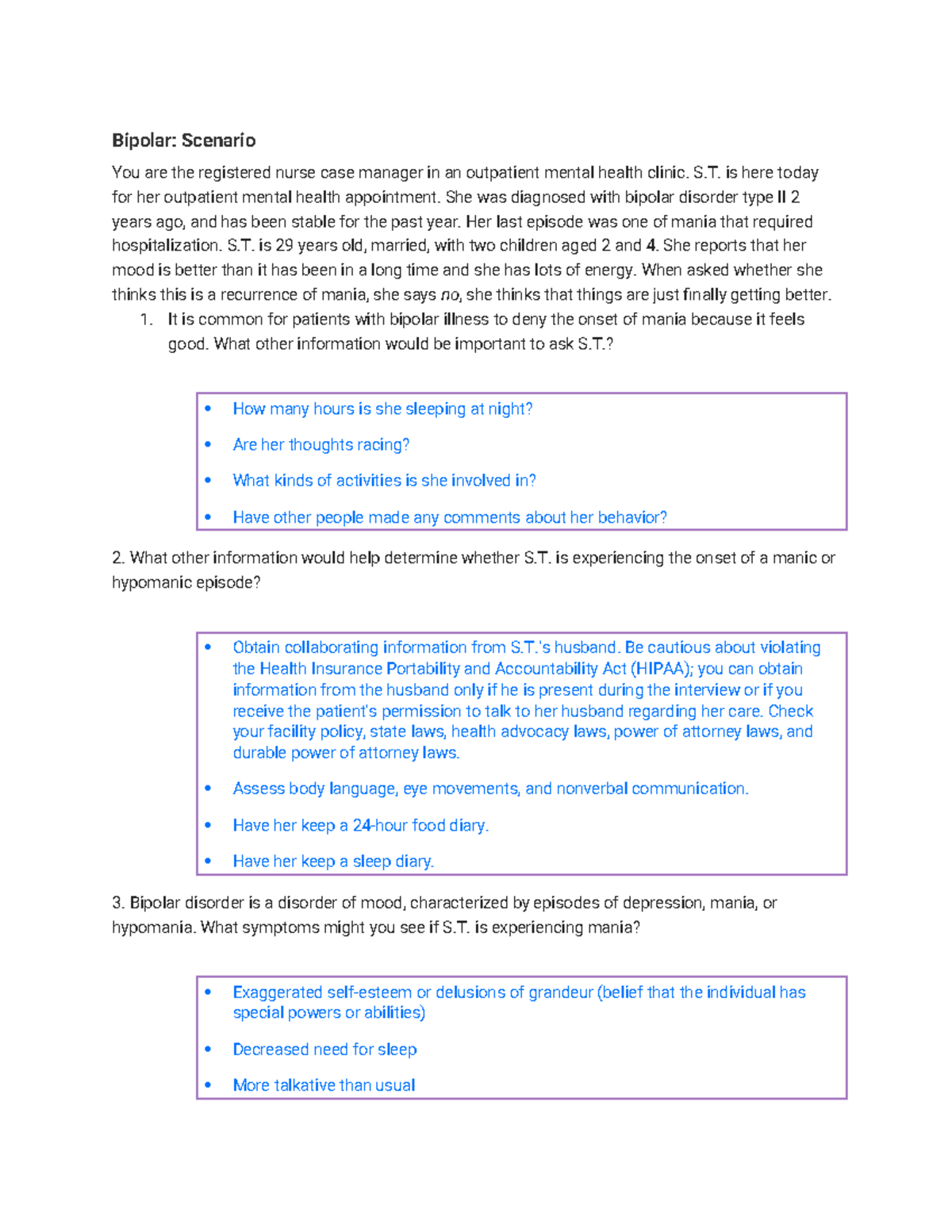 Bipolar case study - Bipolar: Scenario You are the registered nurse ...