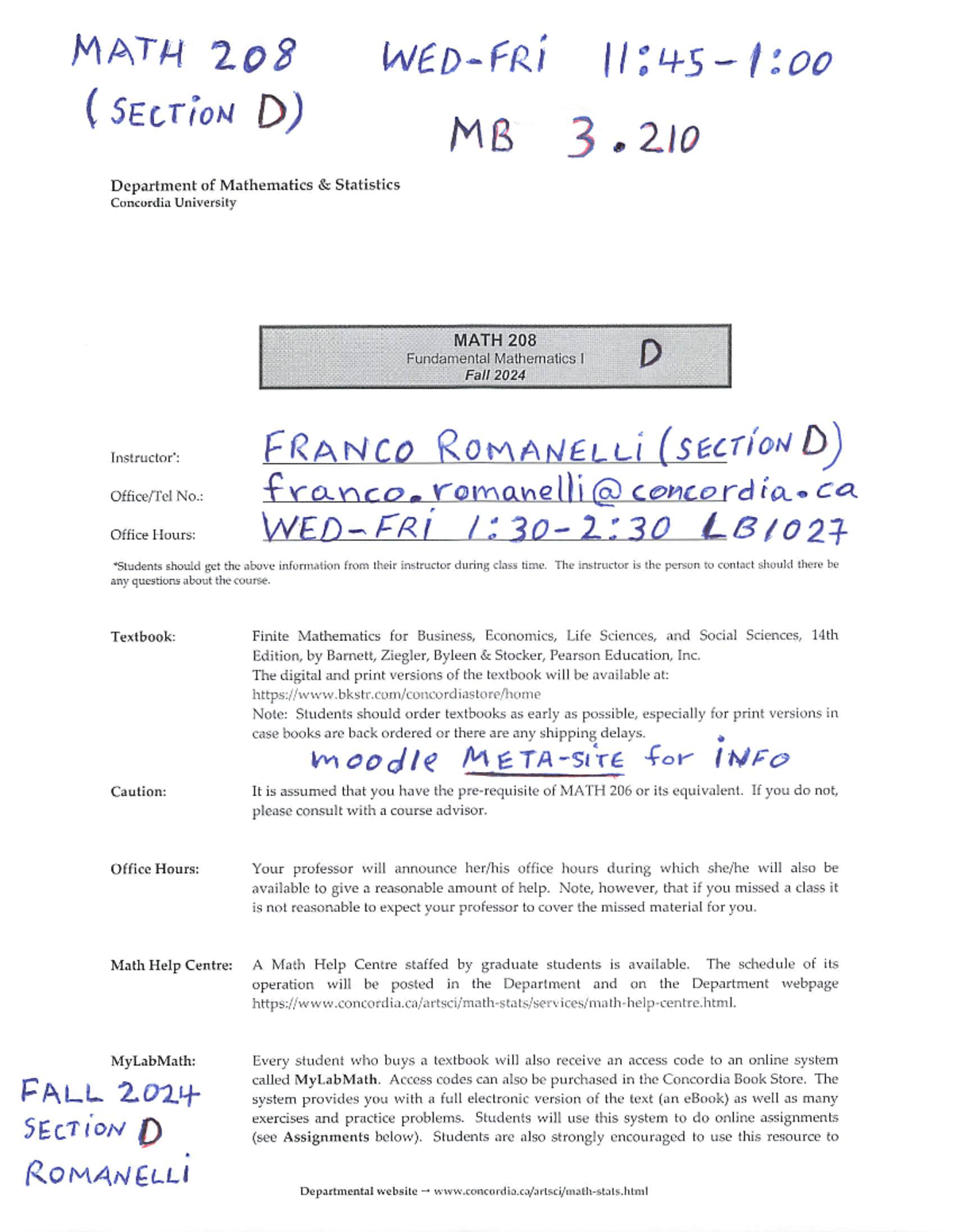 MATH 208 D Course Outline FALL 2024-2 - MATH 208 ( SECTiON D) MB 3 ...